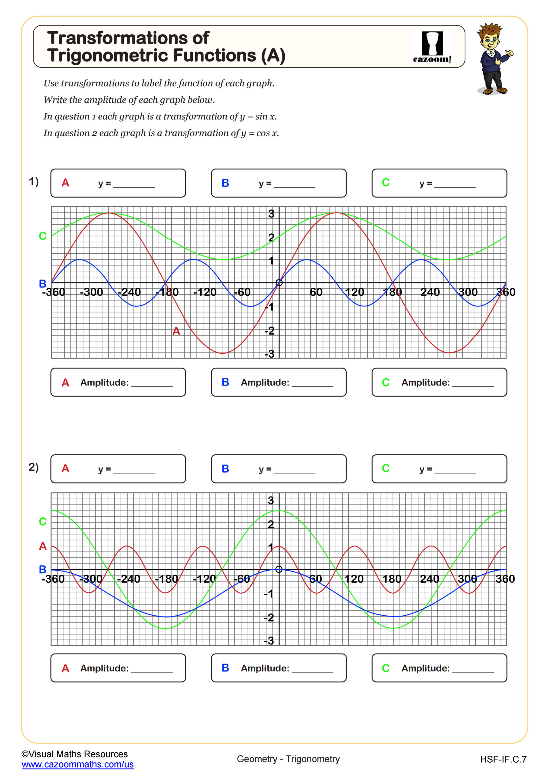 Graphs of Trigonometric Functions (B) Worksheet | PDF Printable ...