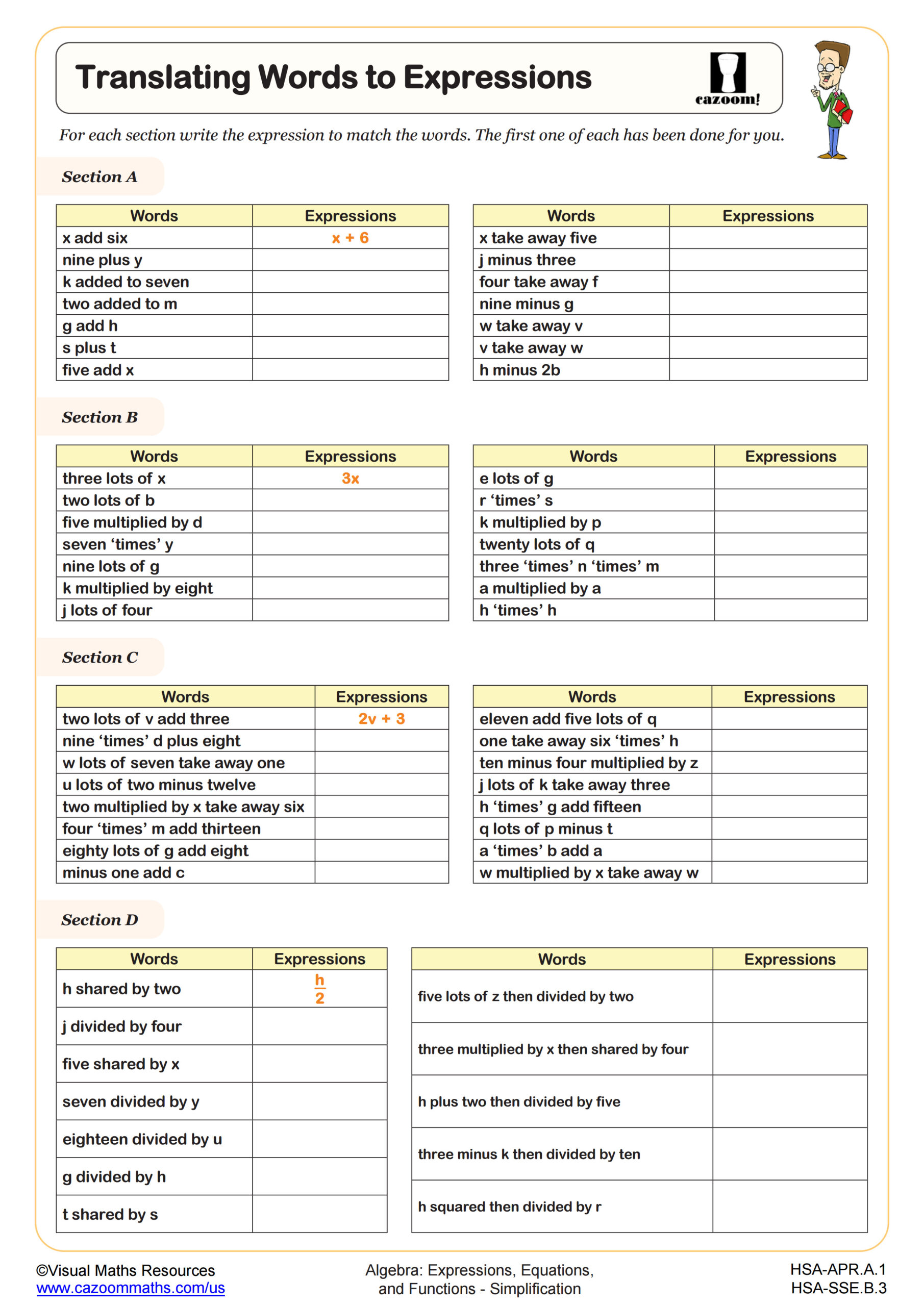 Translating Words to Expressions Worksheet | PDF Printable Algebra ...