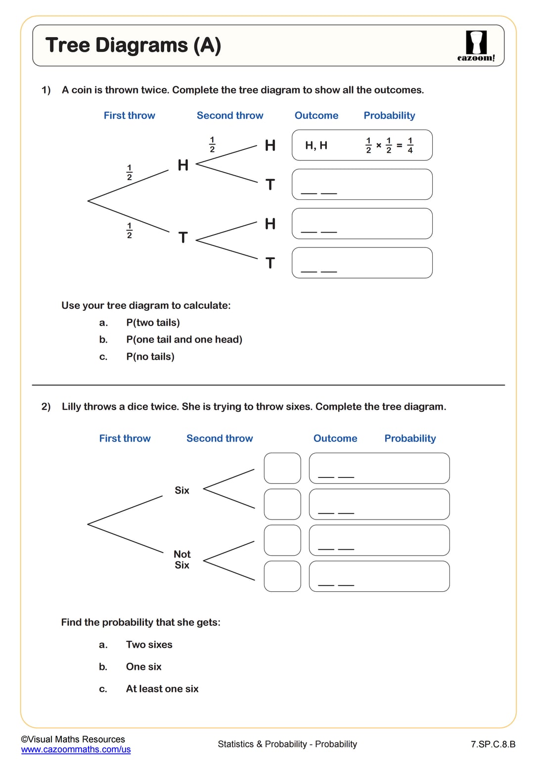 Tree Diagrams (A) Worksheet | 7th Grade PDF Worksheets