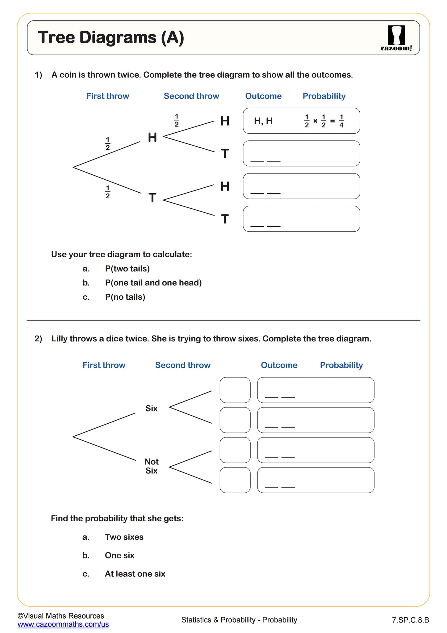 Tree Diagrams (A) Worksheet | 7th Grade PDF Worksheets