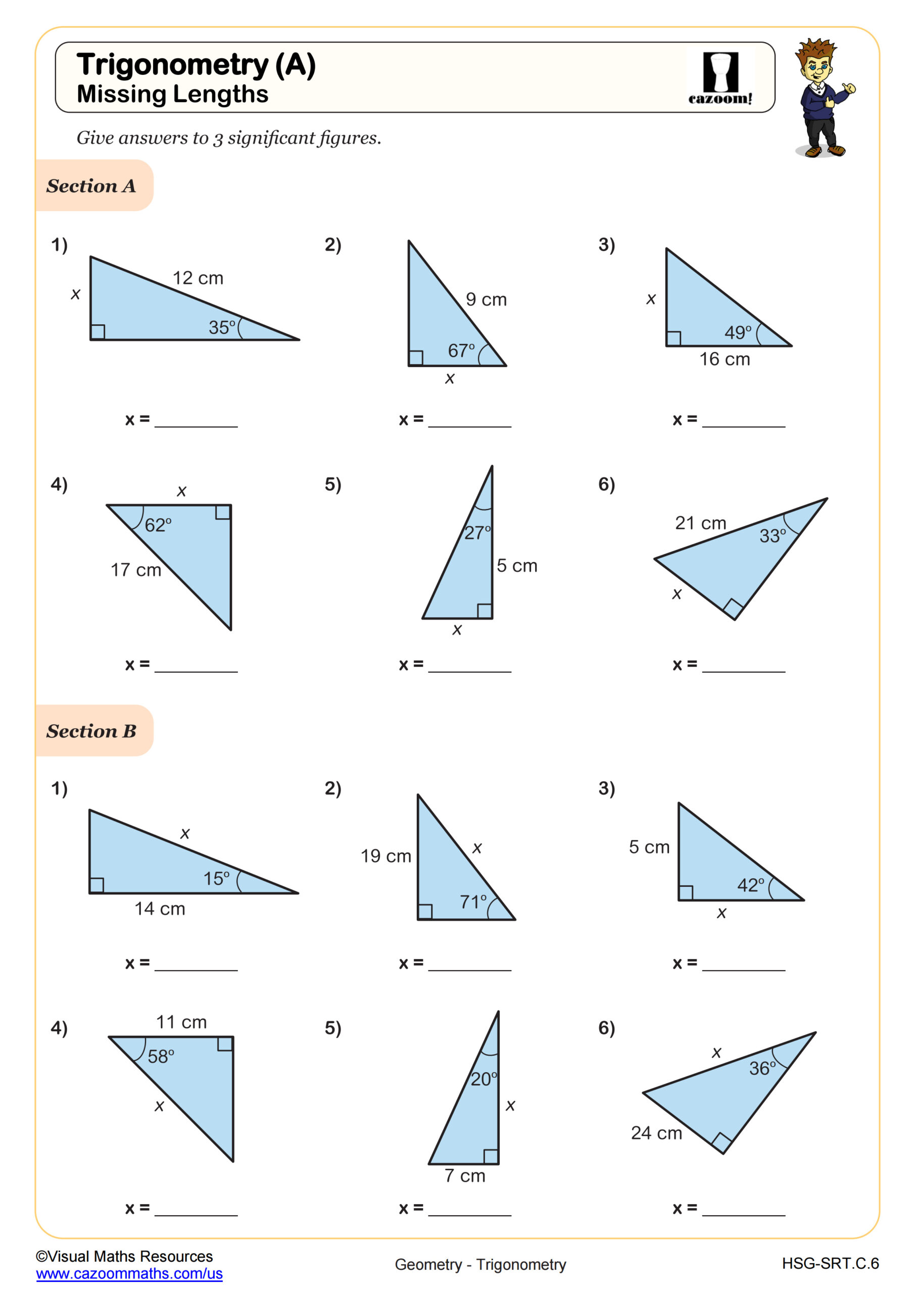 Trigonometic Ratios (SOH CAH TOA): Missing Side Lengths Worksheet | PDF ...