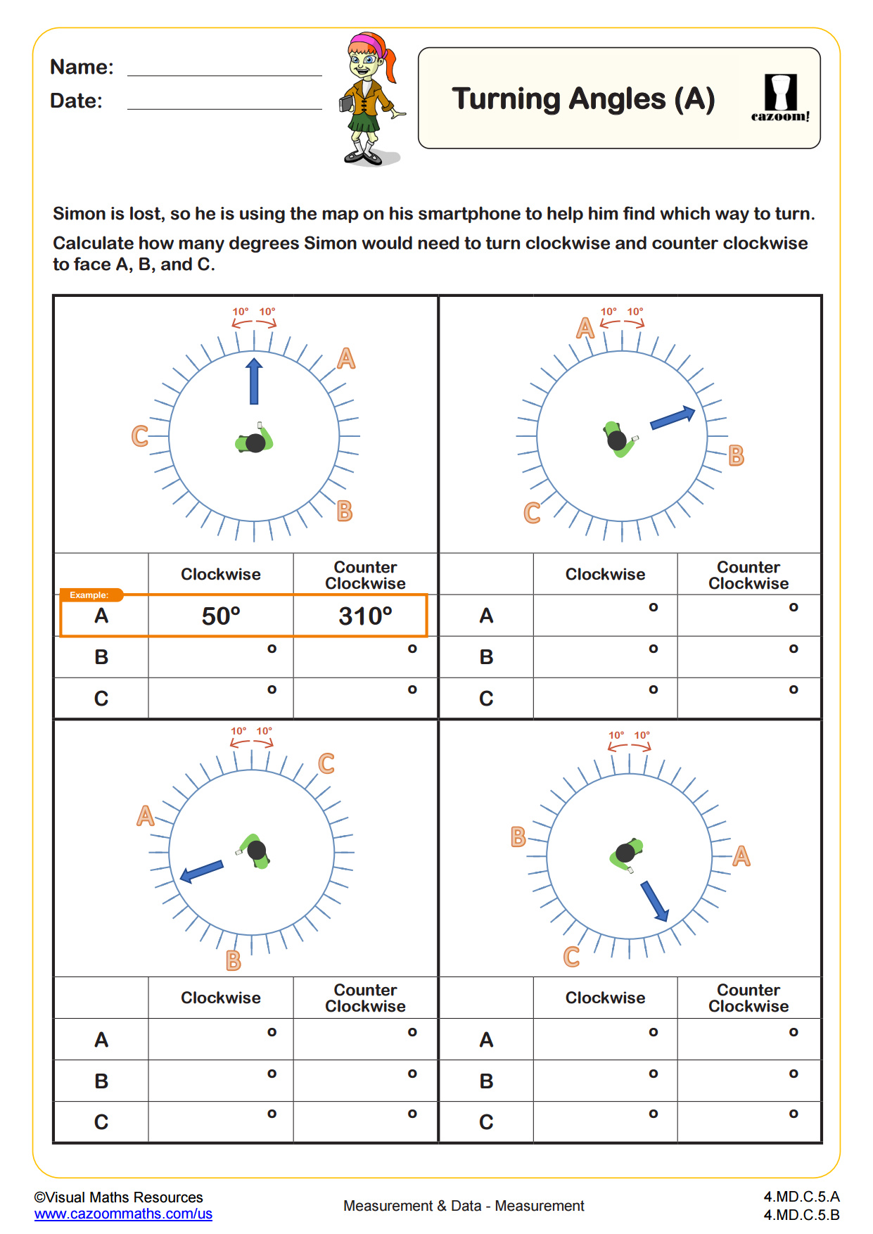 Turning Angles (A) | PDF printable Measurement and Data Worksheets ...