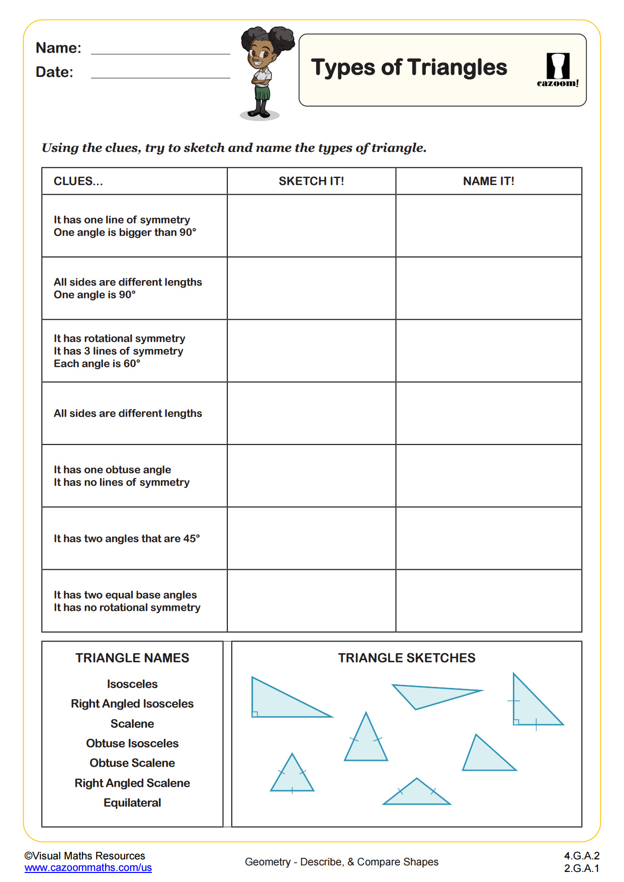 Types of Triangles | PDF printable Geometry Worksheets