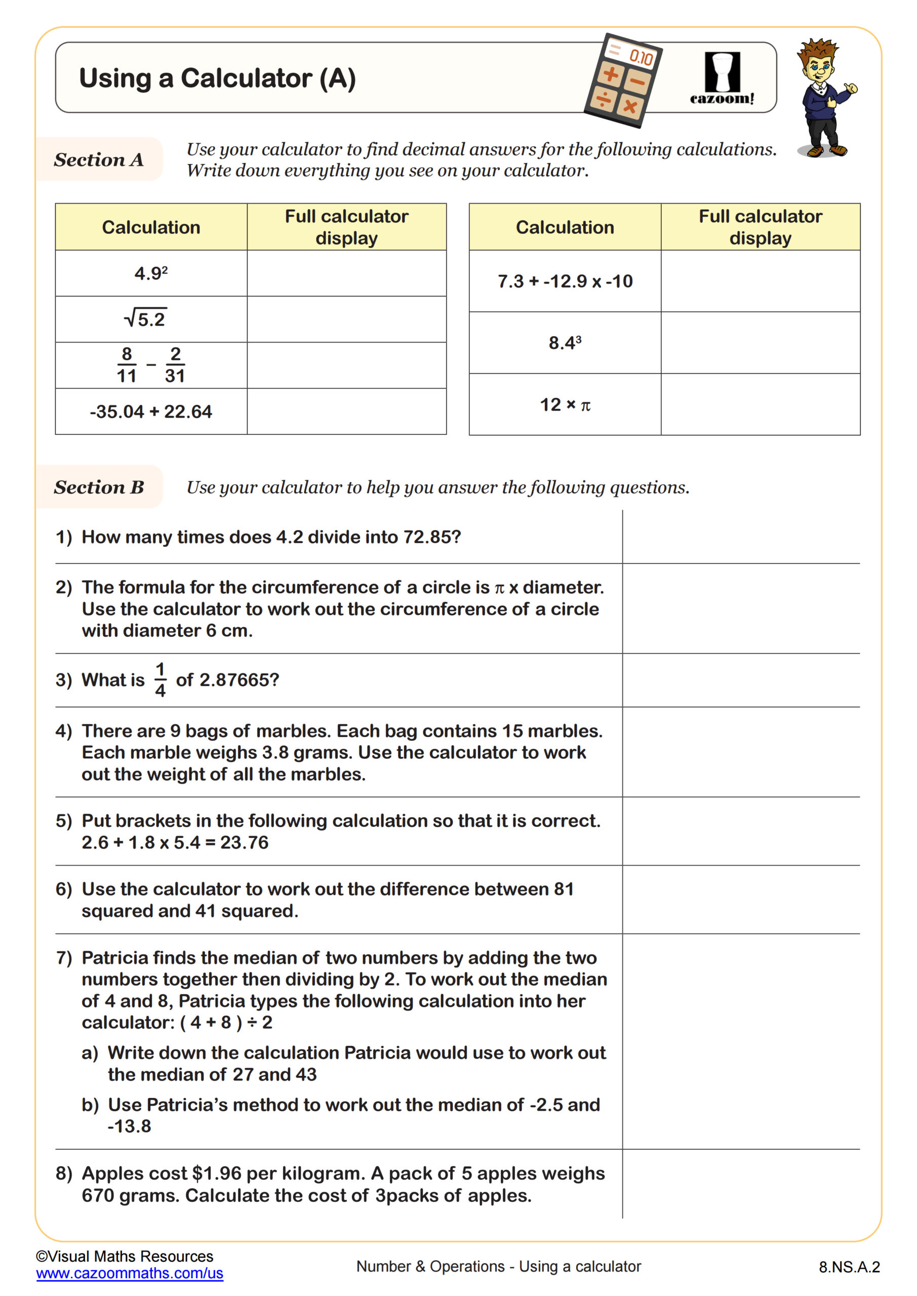 Using a Calculator (A) Worksheet | 8th Grade PDF Worksheets | Cazoom Math