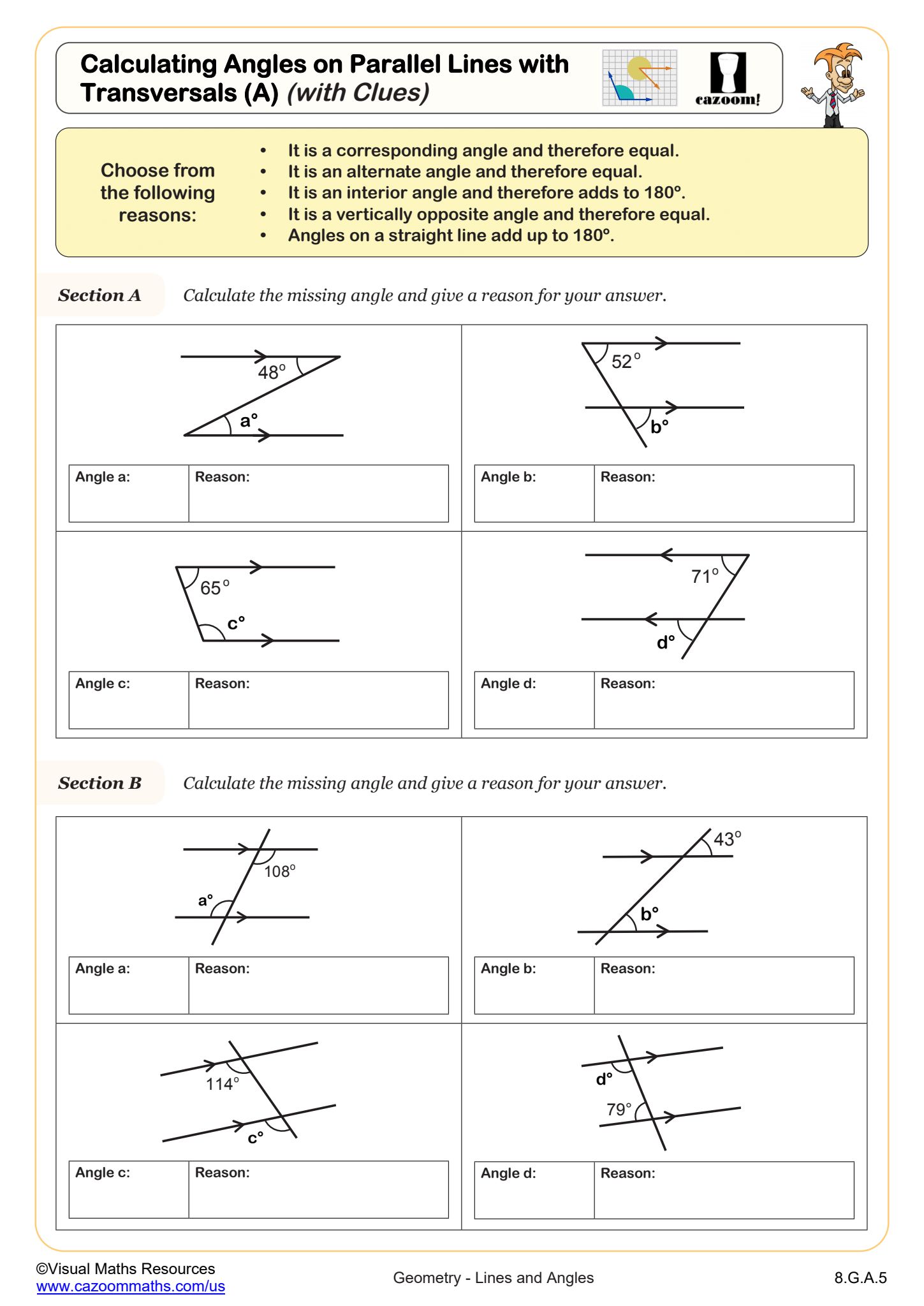 Calculating Angles on Parallel Lines with Transversals (A) (with clues) Worksheet | Fun and ...