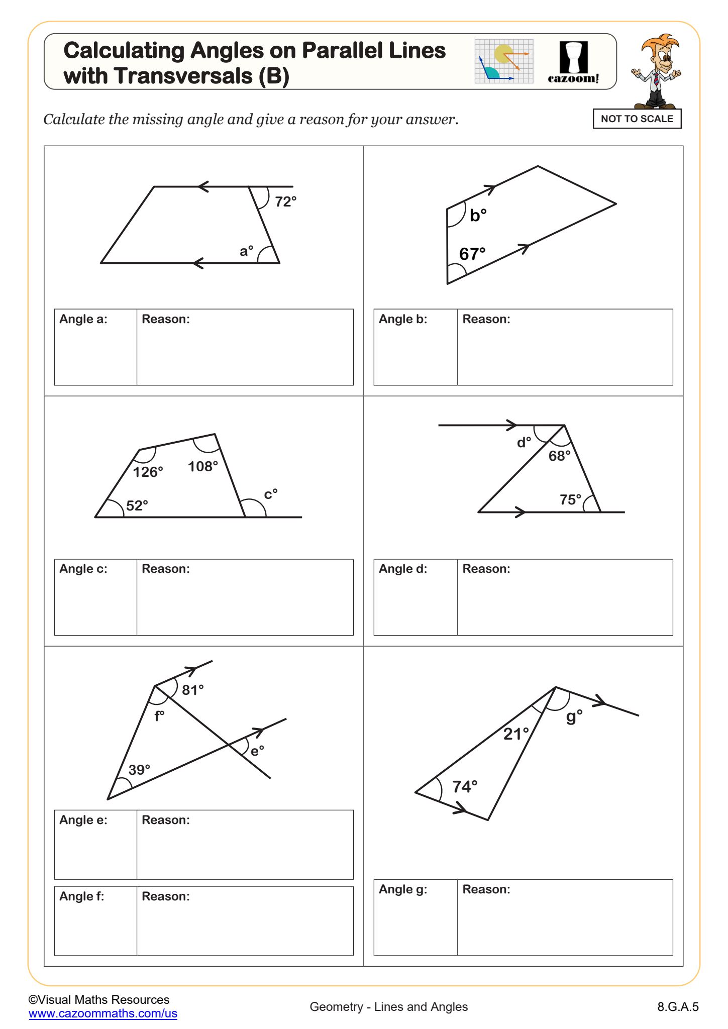 Calculating Angles on Parallel Lines with Transversals (C) Worksheet ...
