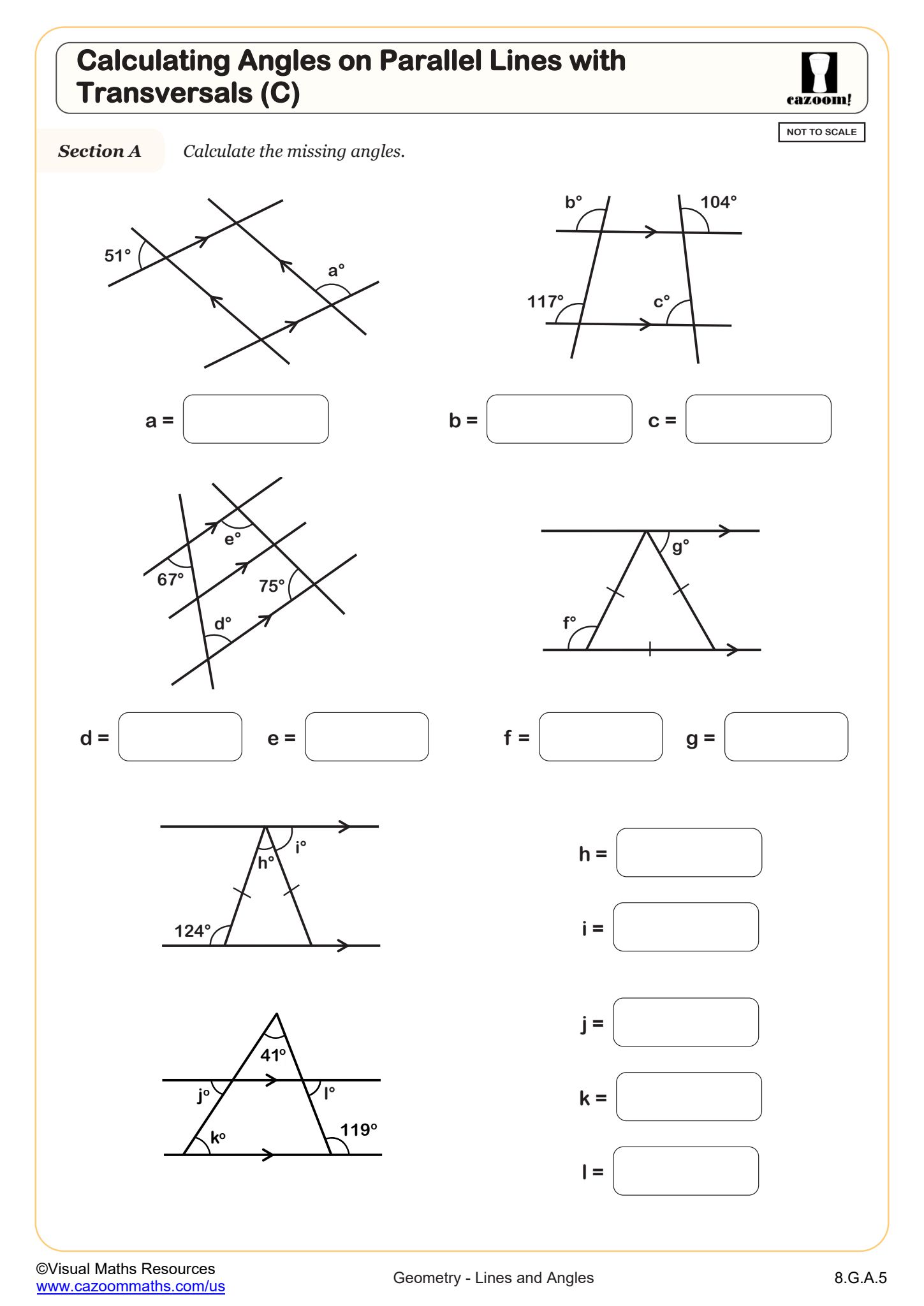 Calculating Angles On Parallel Lines With Transversals C Worksheet