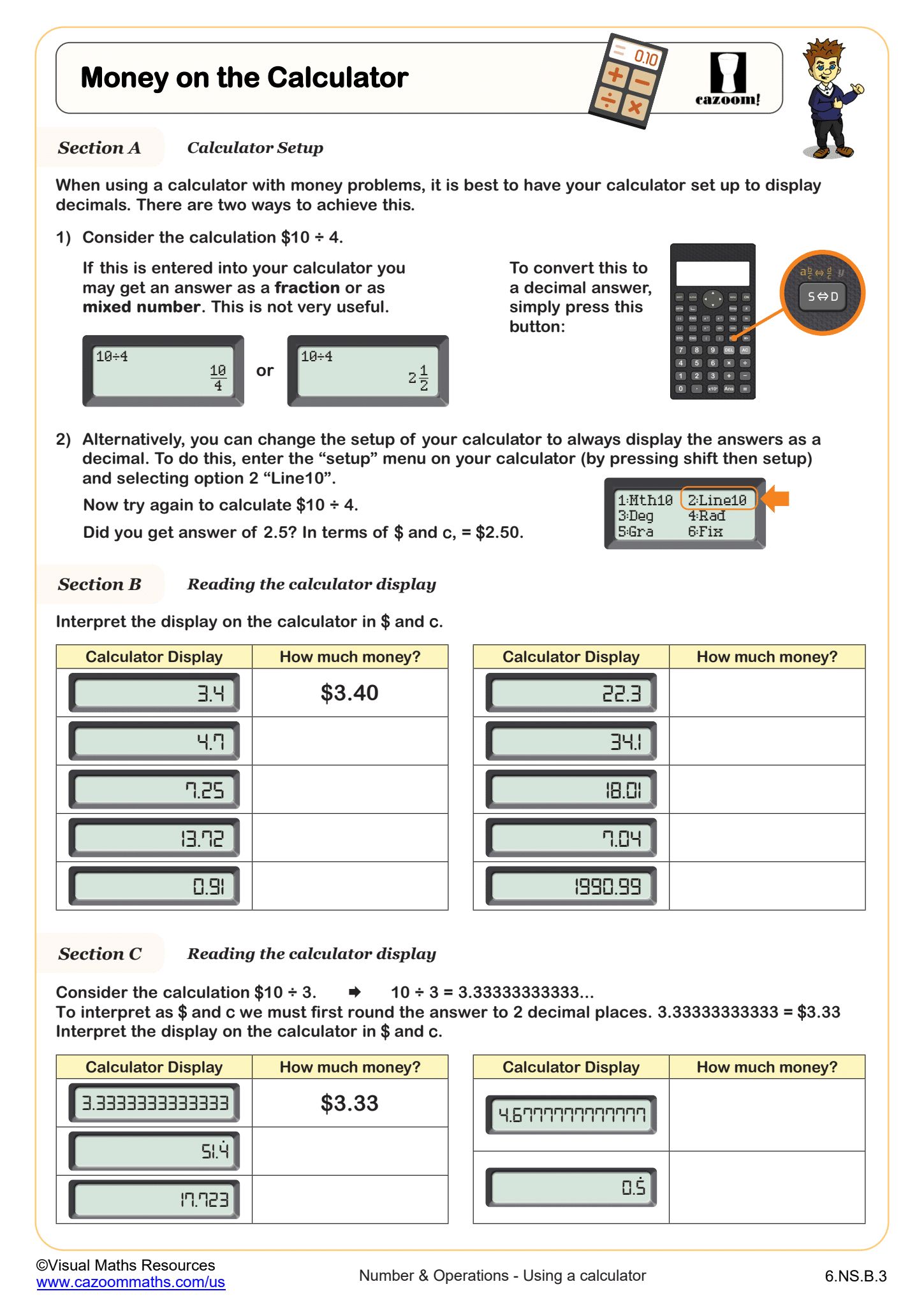 Money on the Calculator Worksheet | PDF Printable Algebra Worksheet ...