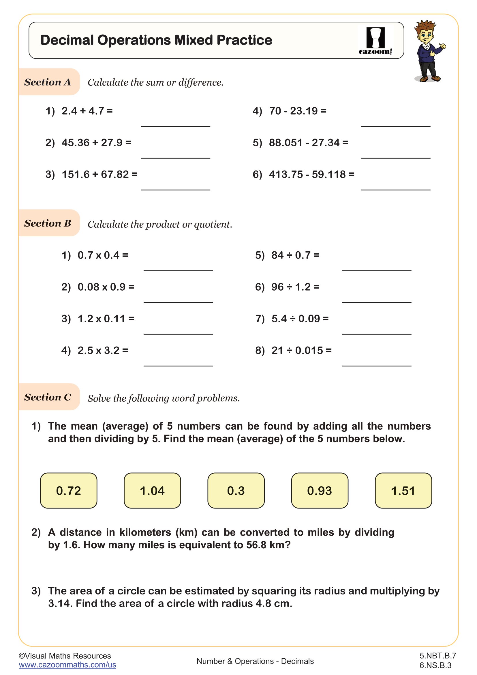Decimal Operations Mixed Practice Worksheet | PDF Printable Number ...