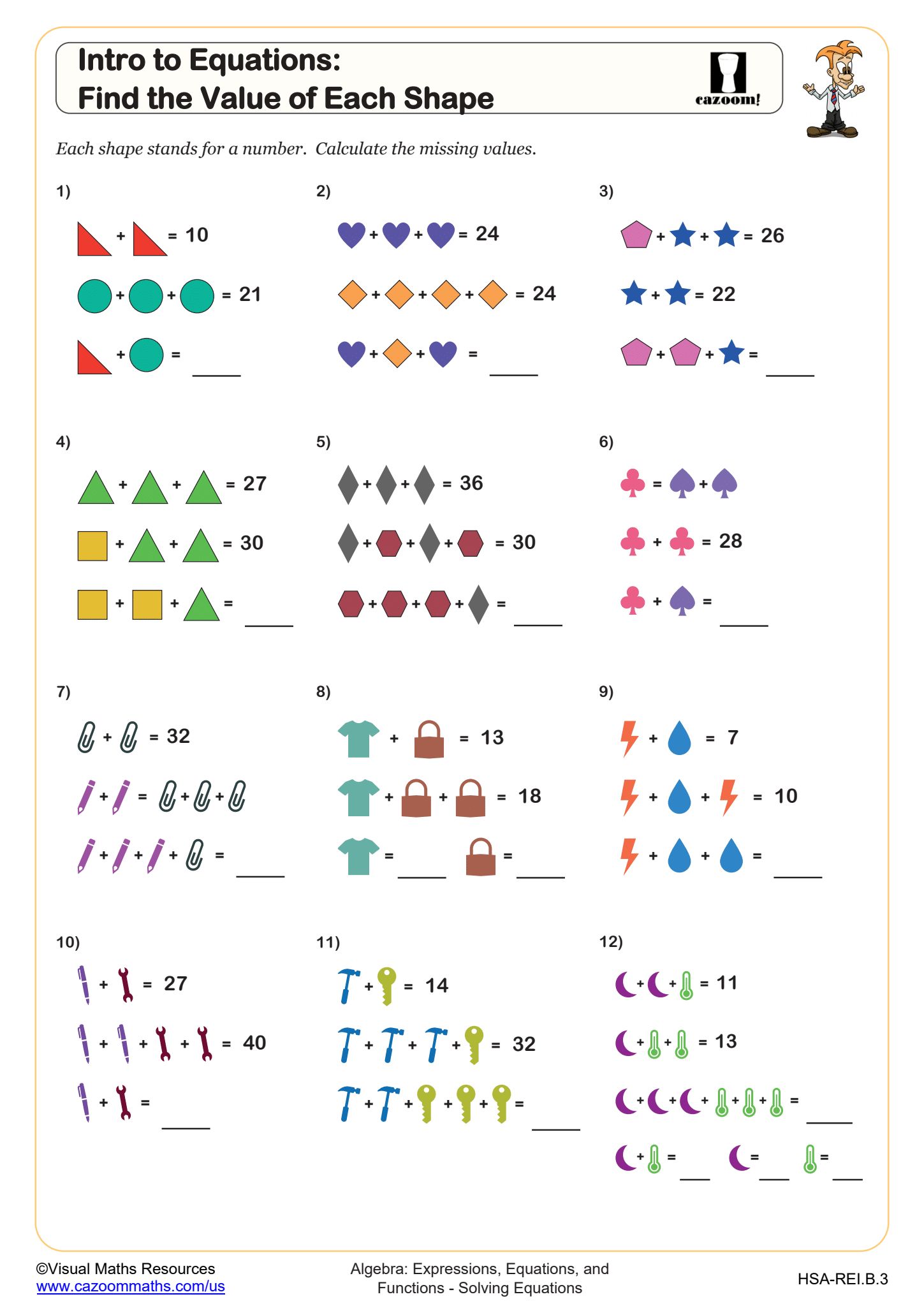 Intro to Equations: Find the Value of Each Shape Worksheet | PDF ...