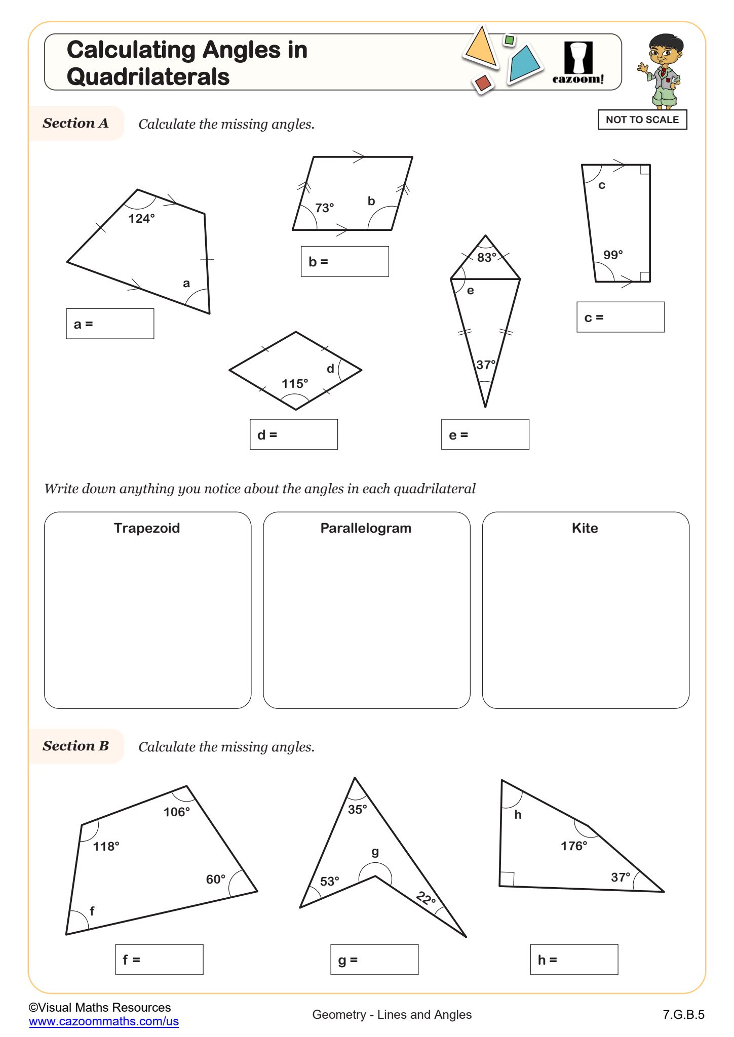 Calculating Angles in Quadrilaterals Worksheet | Fun and Engaging 7th ...