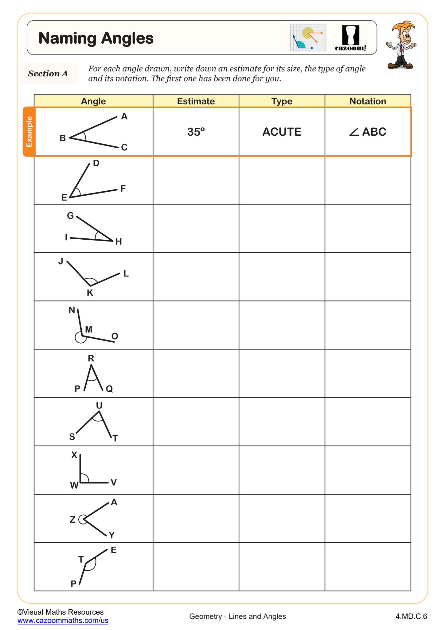 Naming Angles Worksheet | PDF Printable Geometry Worksheet | Cazoom Math
