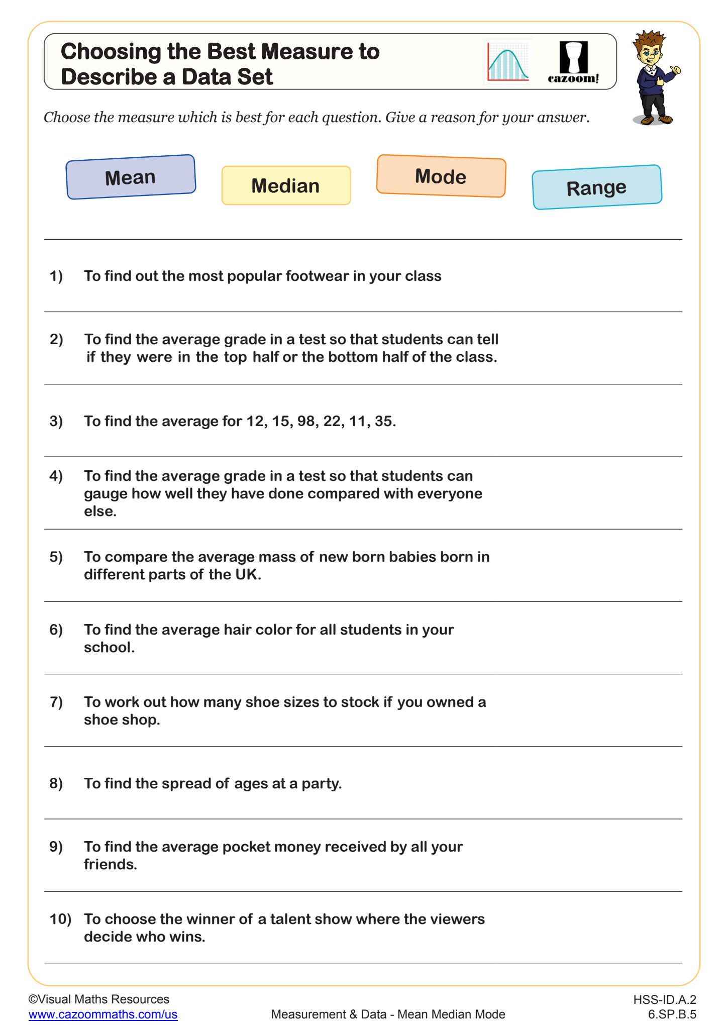 Choosing the Best Measure to Describe a Data Set Worksheet | Fun and ...