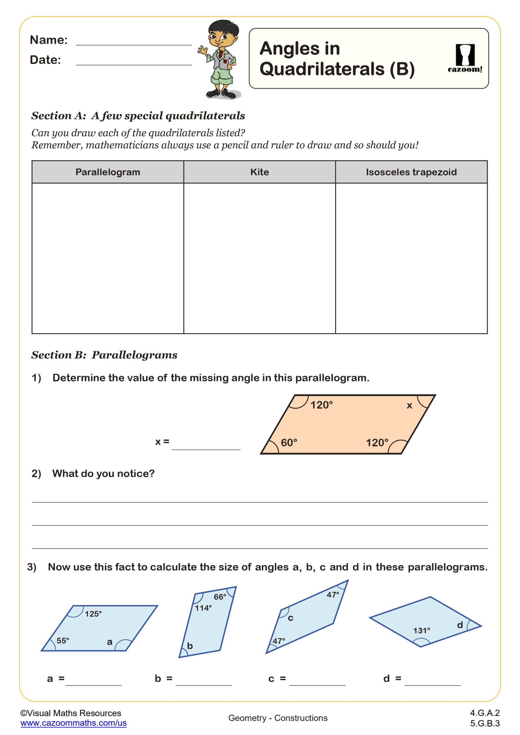 Angles in Quadrilaterals (B) | PDF printable Geometry Worksheets | Cazoom Math