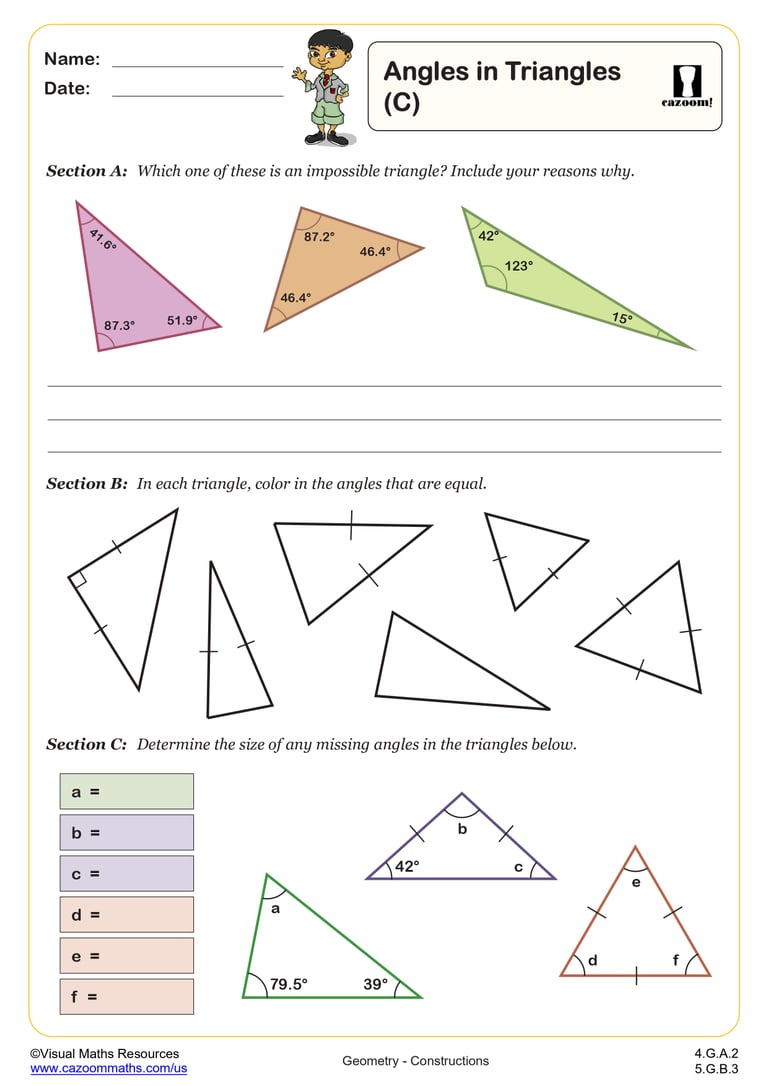 Angles in Triangles (C) | PDF printable Geometry Worksheets