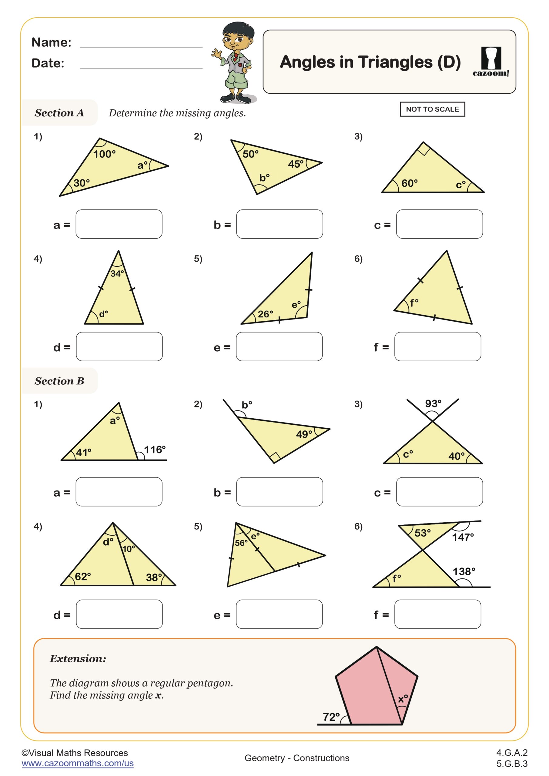 Angles in Triangles (B) | 4th Grade PDF Geometry Worksheets | Cazoom Math