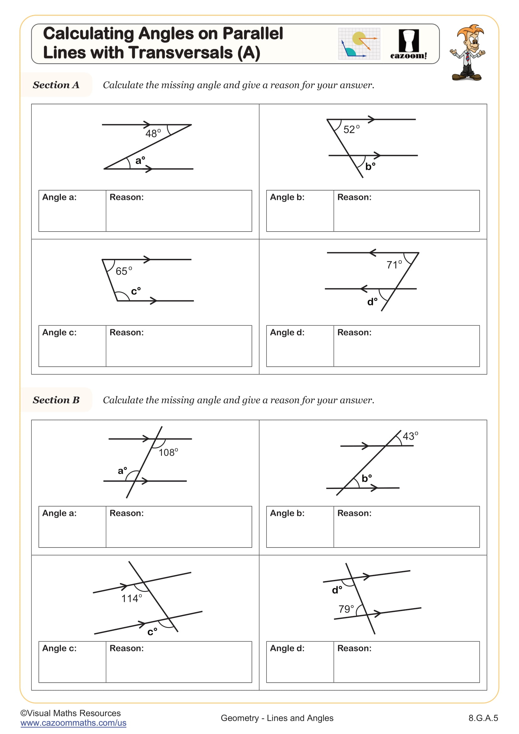 Calculating Angles on Parallel Lines with Transversals (A) Worksheet ...