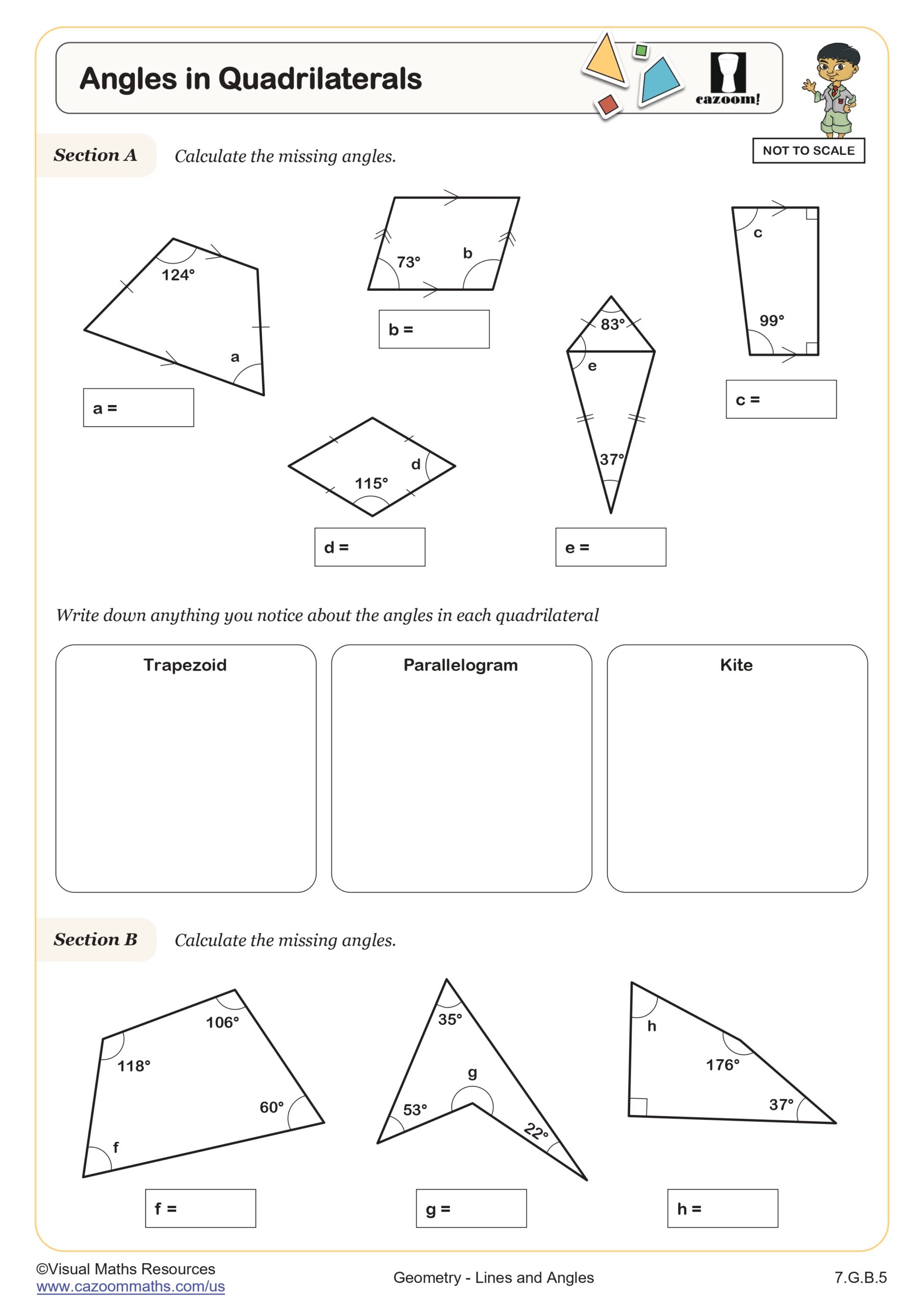Calculating Angles in Quadrilaterals Worksheet | Fun and Engaging 7th ...