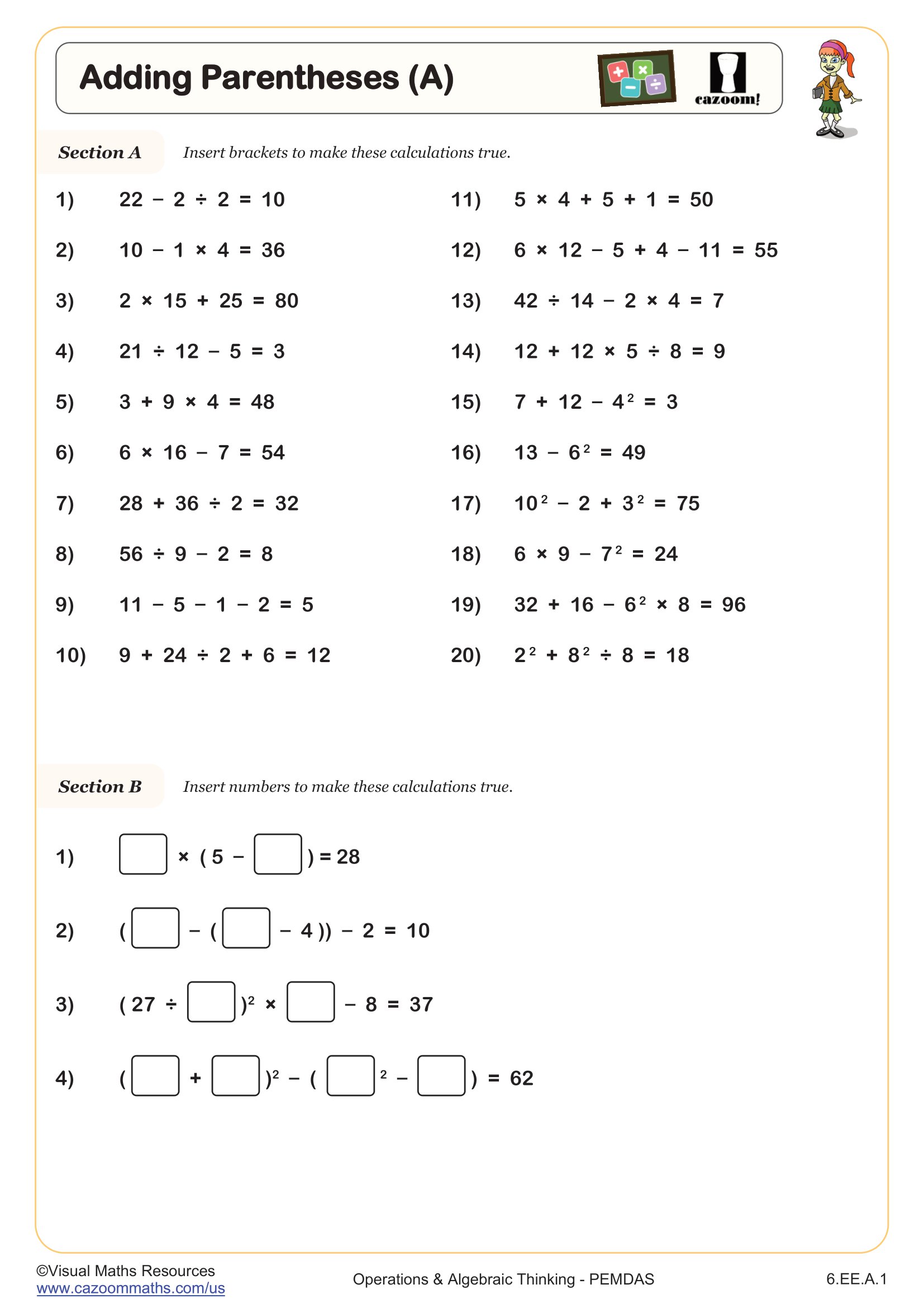 Adding Parentheses (A) Worksheet | 6th Grade PDF Worksheets