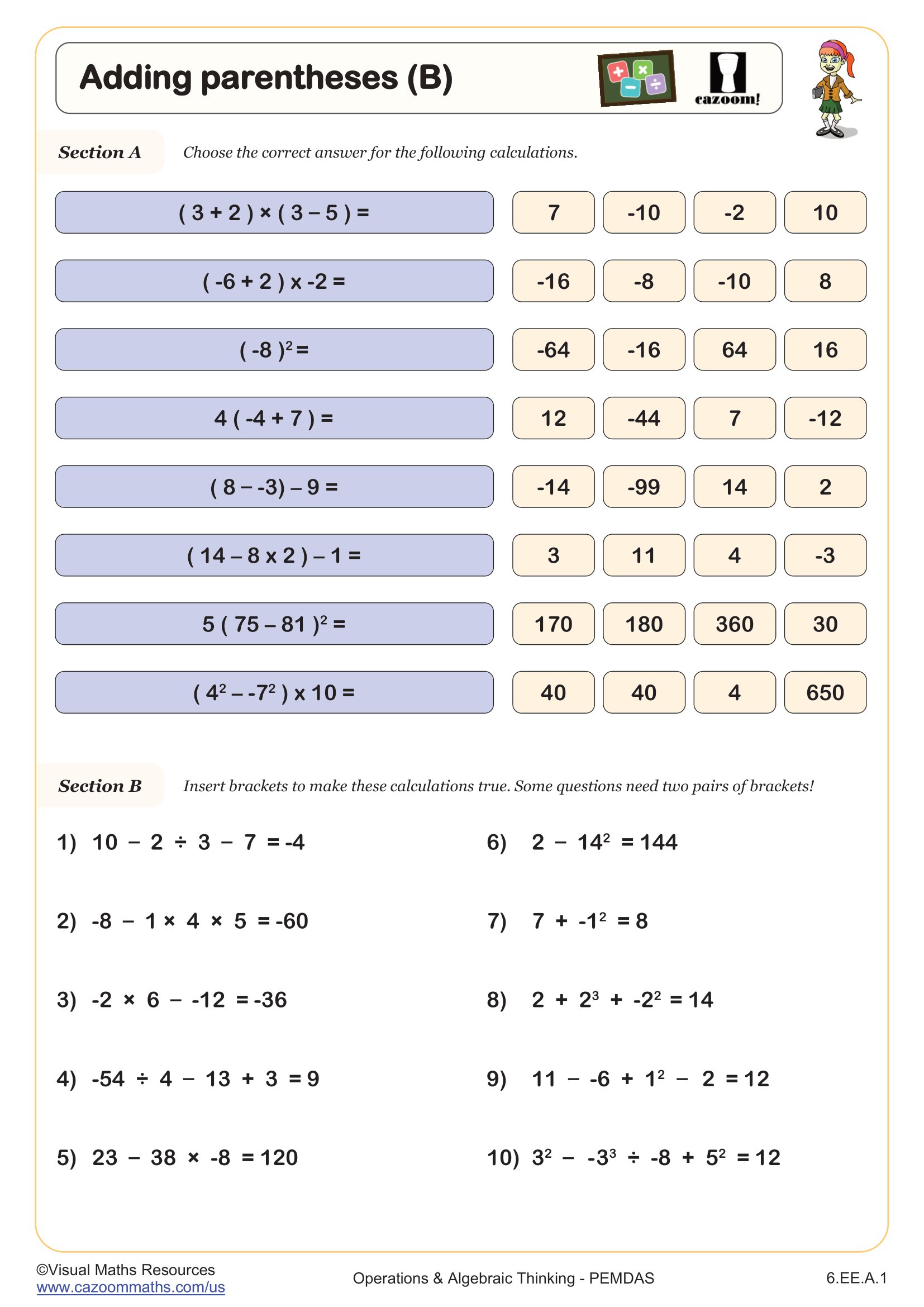 Adding Parentheses (B) Worksheet | PDF Printable Operations & Algebraic Thinking Worksheet