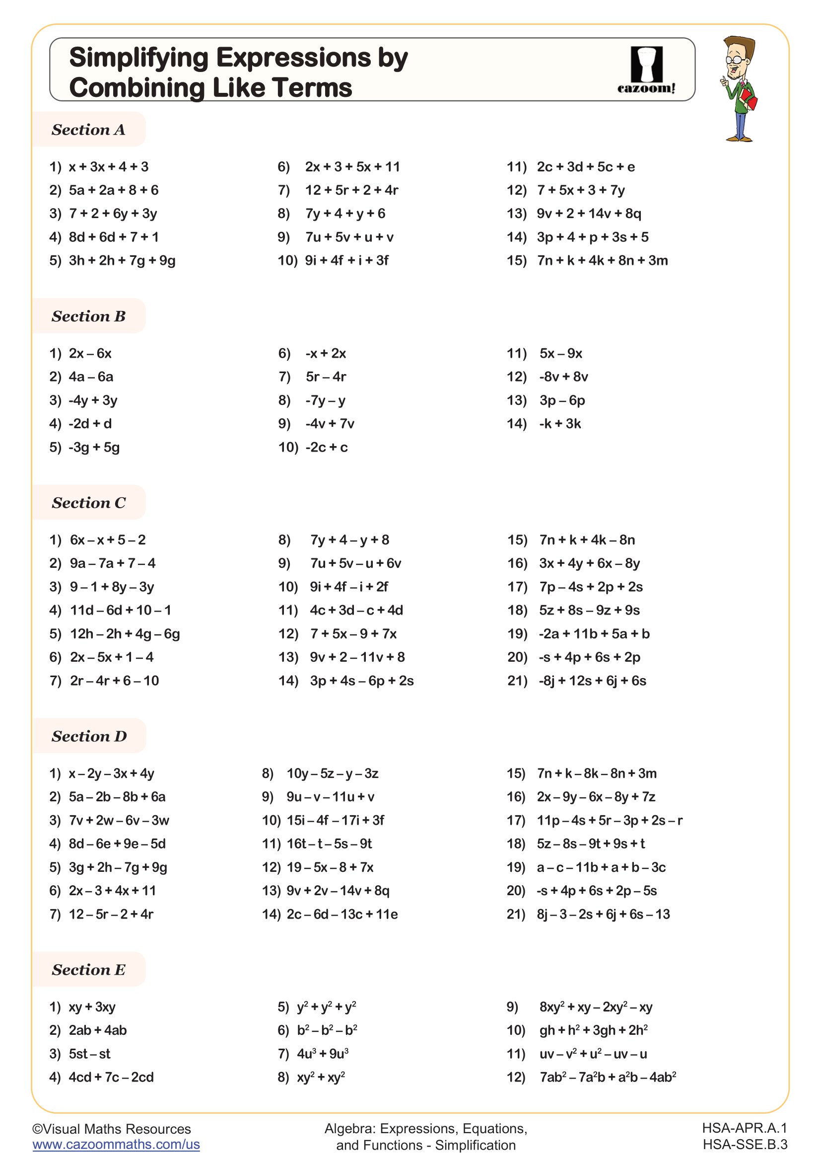 Simplifying Expressions by Combining Like Terms Worksheet | Algebra I ...