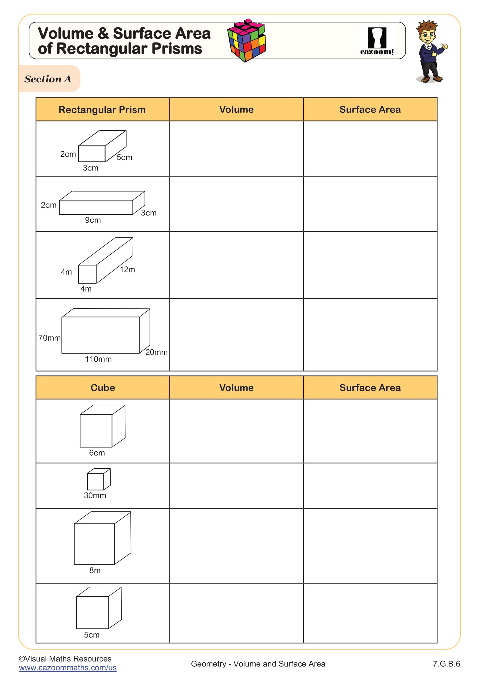 Volume and Surface Area of Rectangular Prisms Worksheet | 7th Grade PDF ...