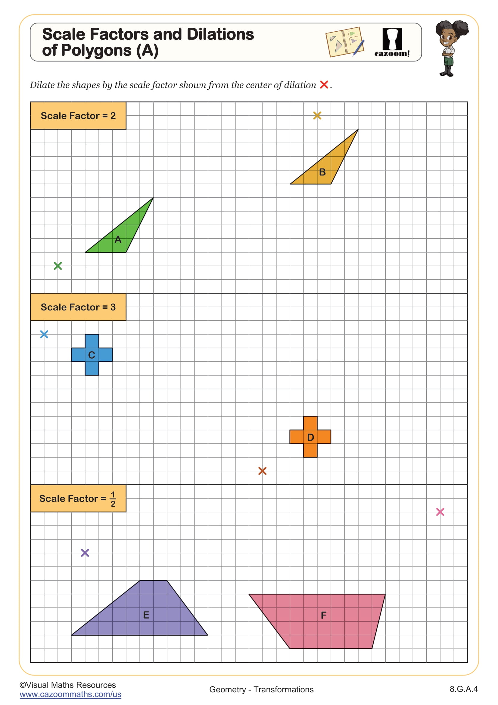 Scale Factors and Dilations of Polygons (A) Worksheet | 8th Grade PDF ...