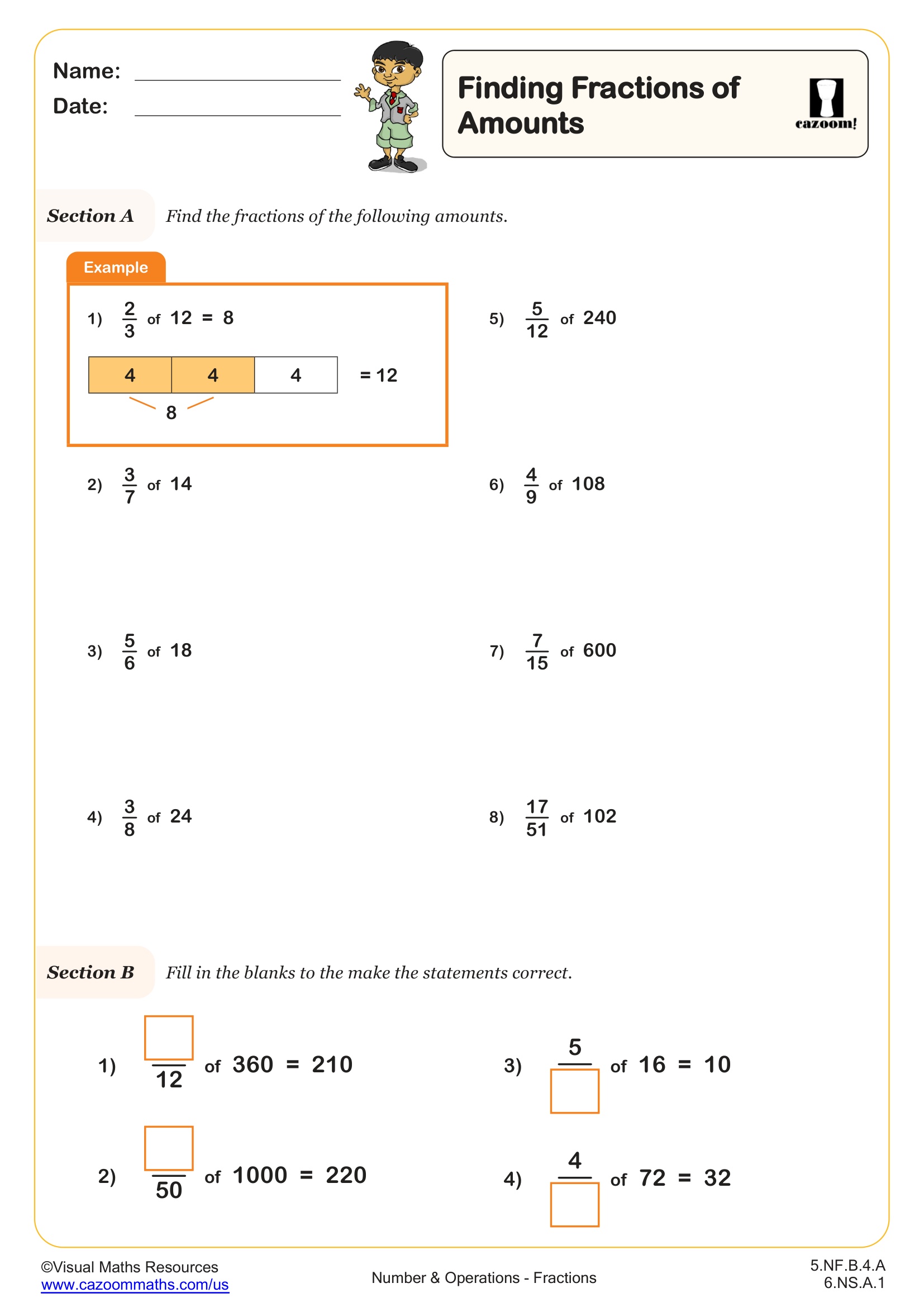 Finding Fractions of Amounts Worksheet | Fun and Engaging 5th Grade and 6th Grade Number ...
