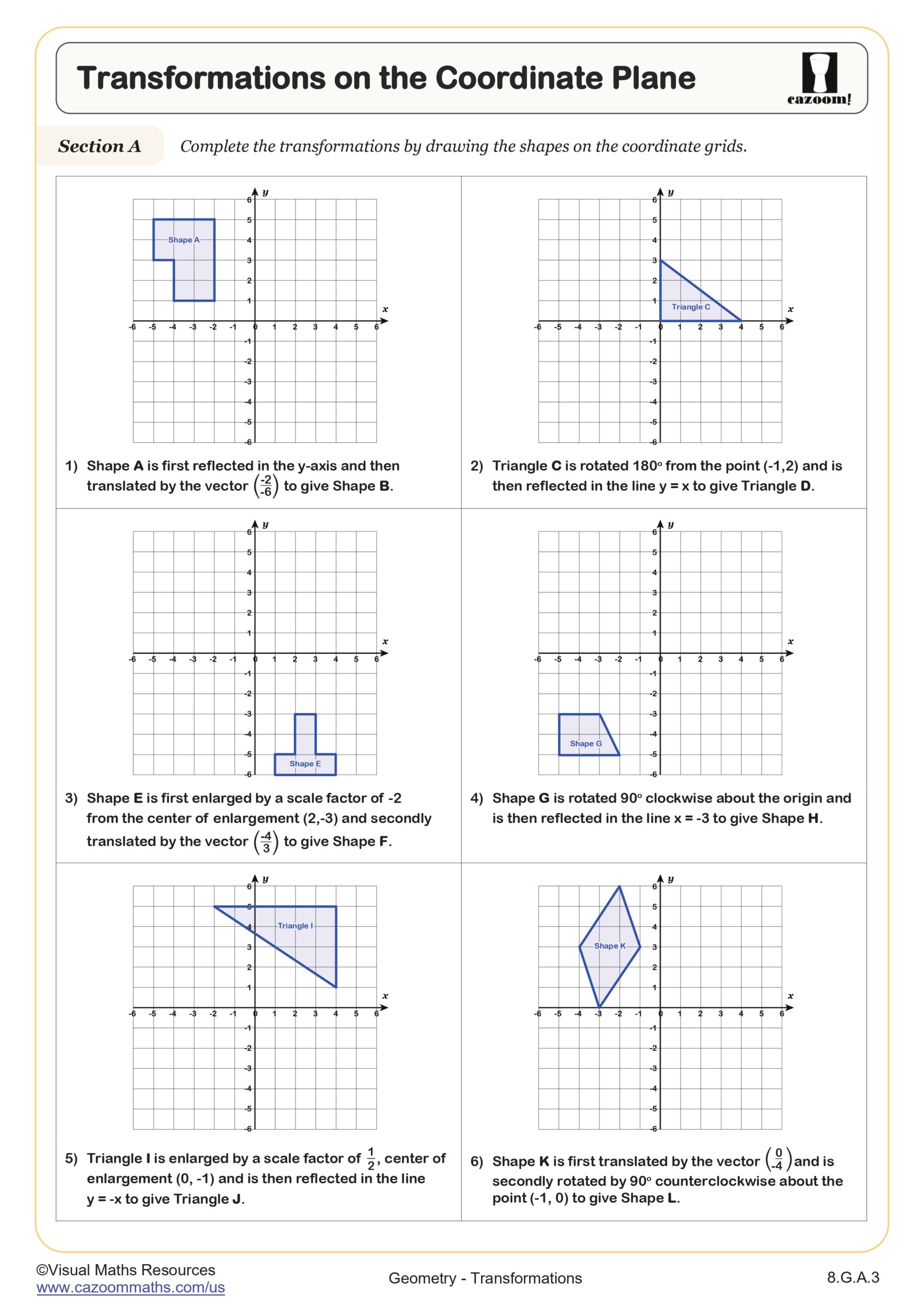 Transformations on the Coordinate Plane Worksheet | 8th Grade PDF Worksheets | Cazoom Math