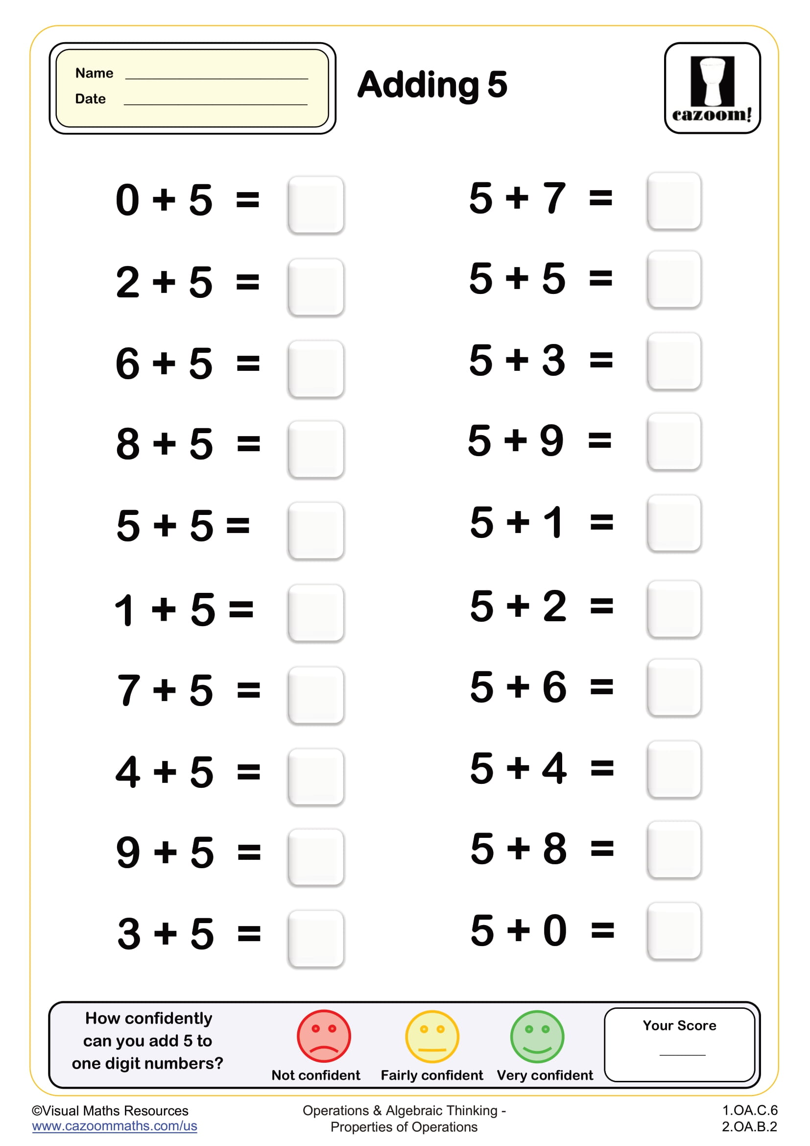 Adding 5 (20 questions) | PDF printable Addition Worksheets