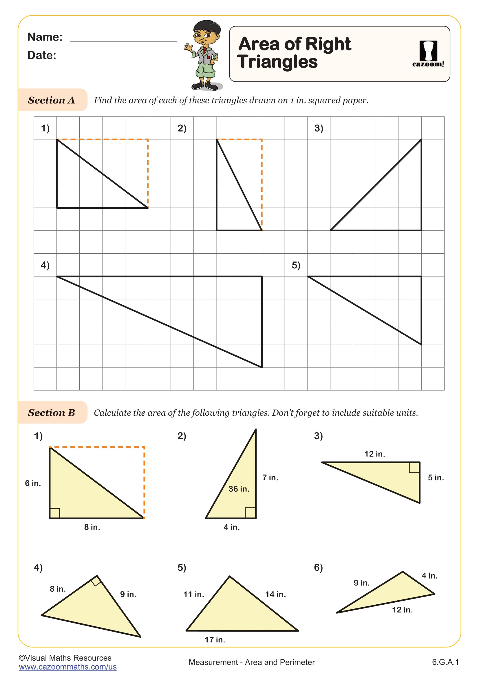 Area of Right Triangles Worksheet | 6th Grade PDF Measurement ...