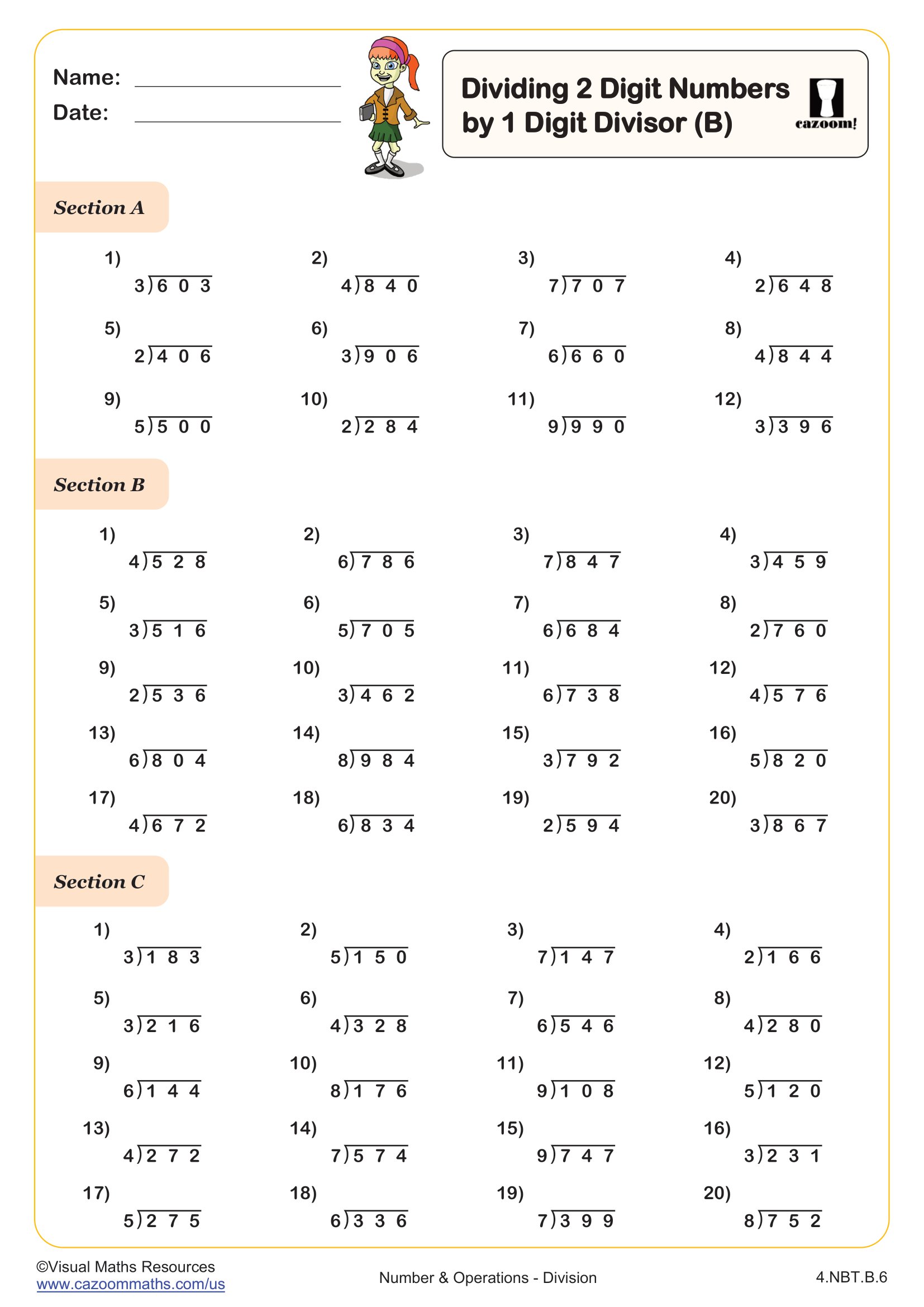 Division Dividing 2 Digit Numbers by 1 Digit Divisors (B) | PDF ...
