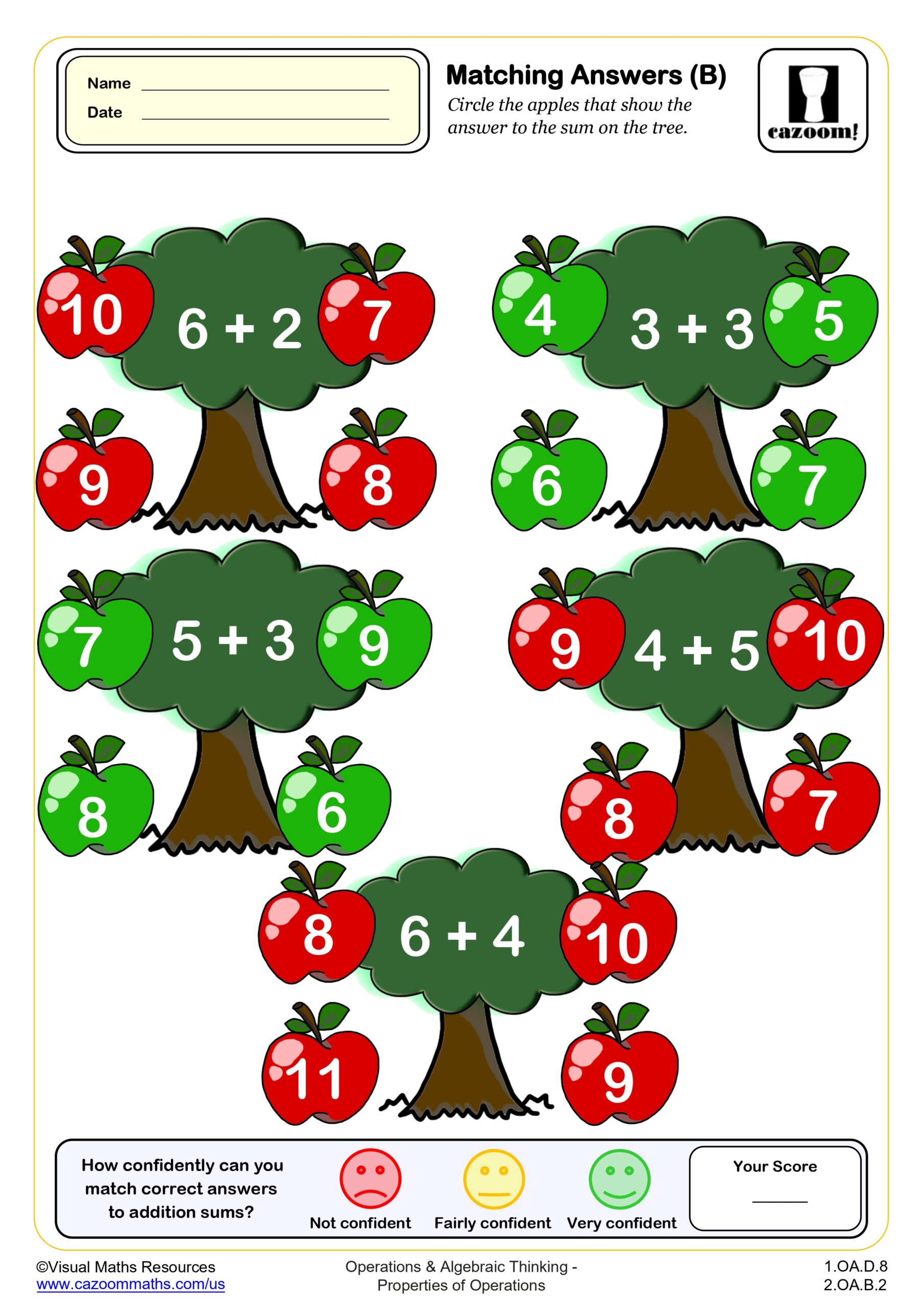 Matching Answers (B) | 1st Grade PDF Addition Worksheets | Cazoom Math