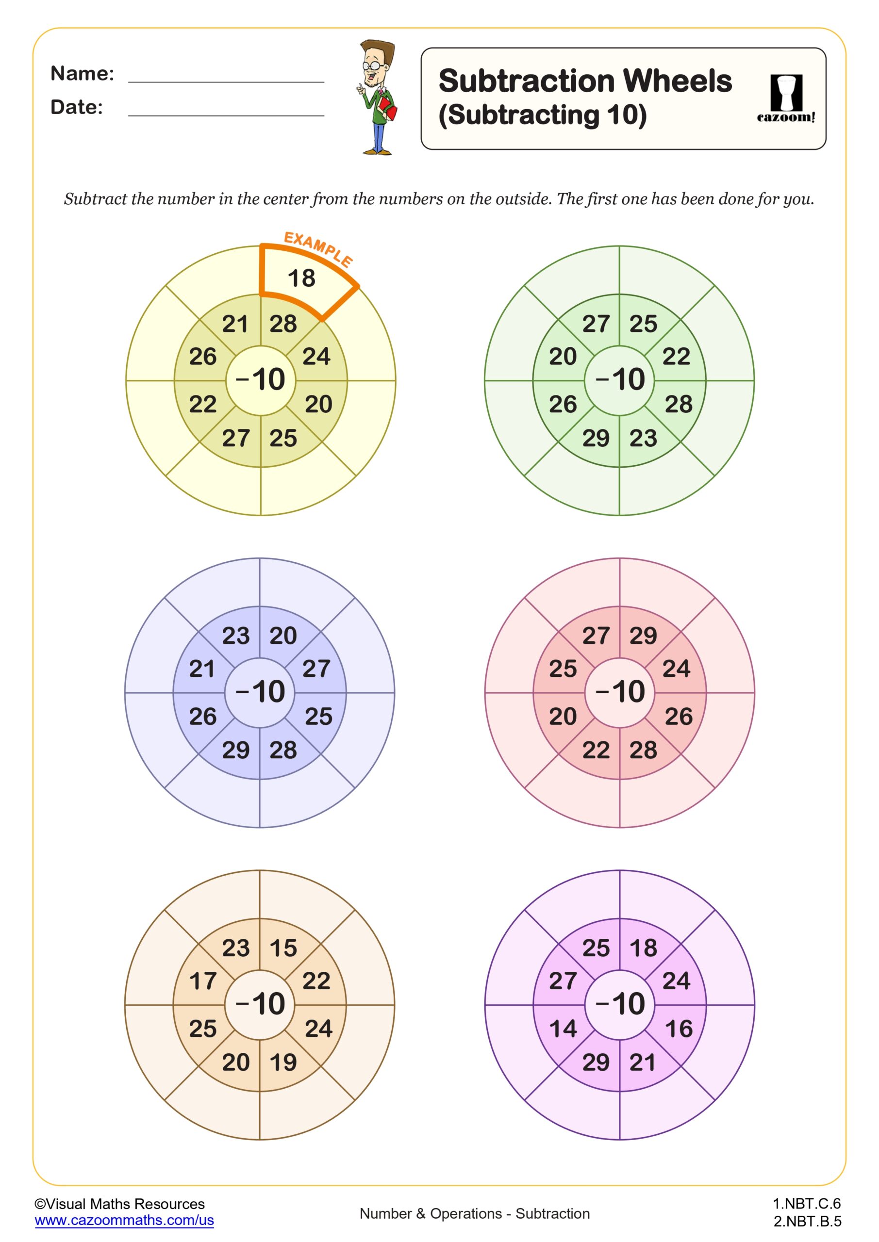 Subtraction Wheels (Subtracting 10) | PDF printable Number and Operations Worksheets | Cazoom Math