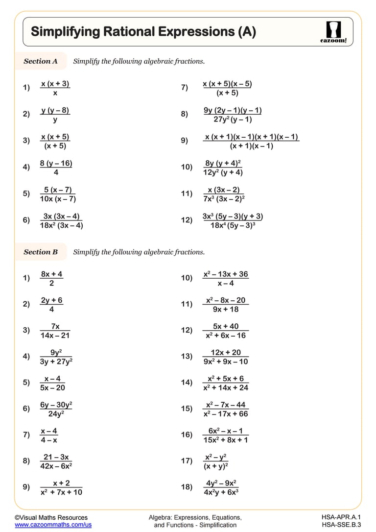 Simplifying Rational Expressions A Worksheet Algebra II PDF Worksheets