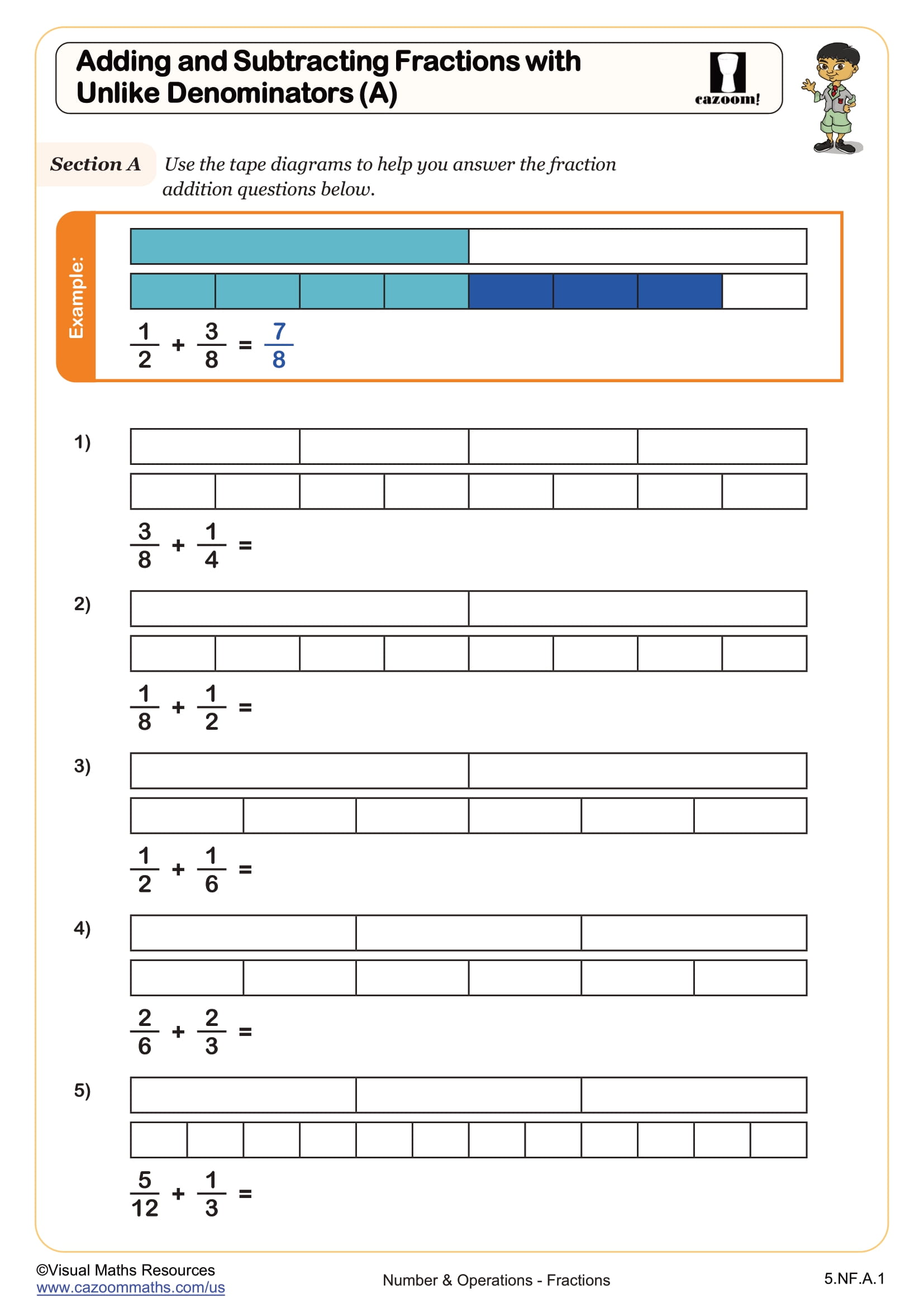 Add and Subtract Fractions with Unlike Denominators (A) Worksheet ...