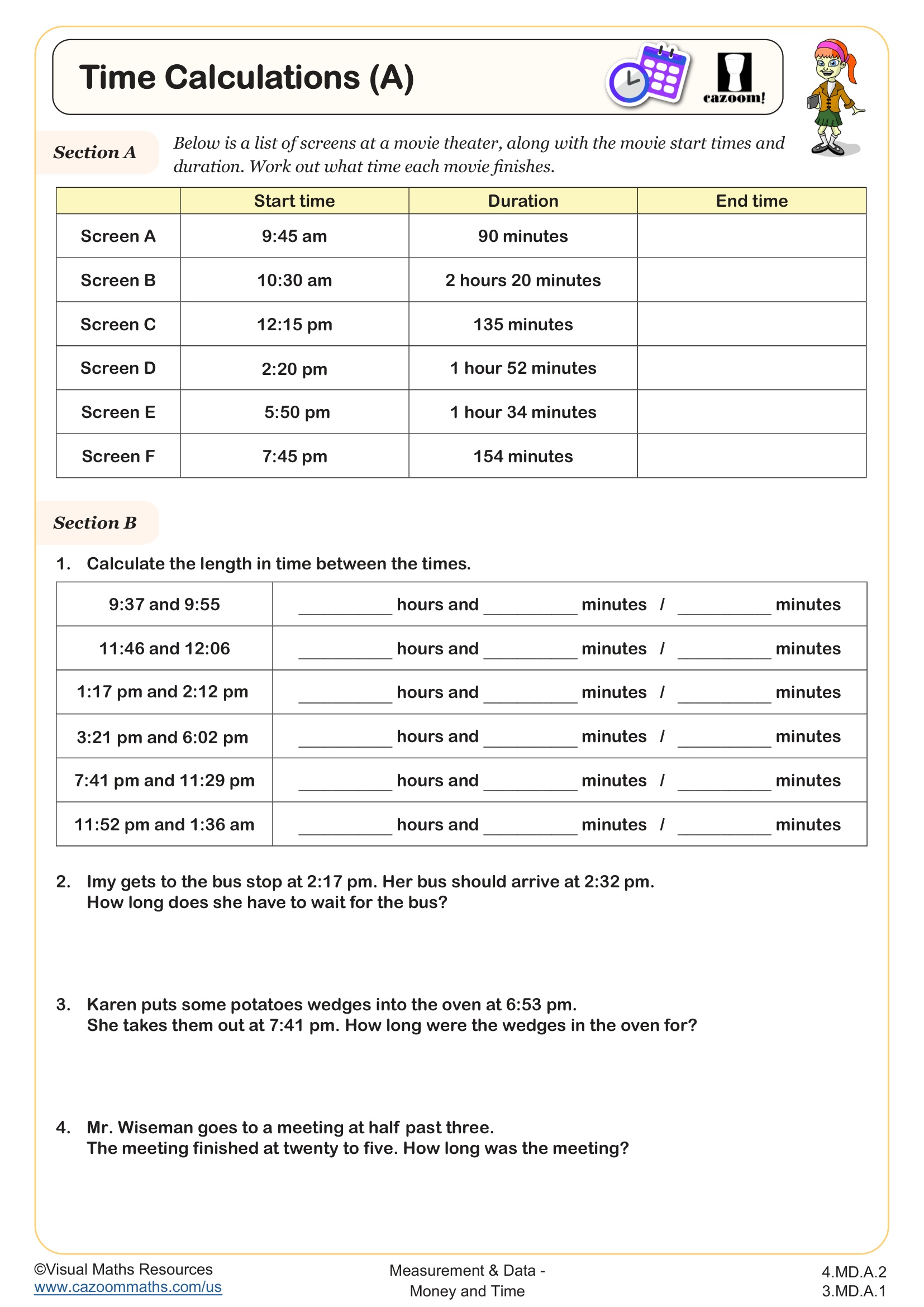 Time Calculations (A) Worksheet | Fun and Engaging 3rd Grade ...