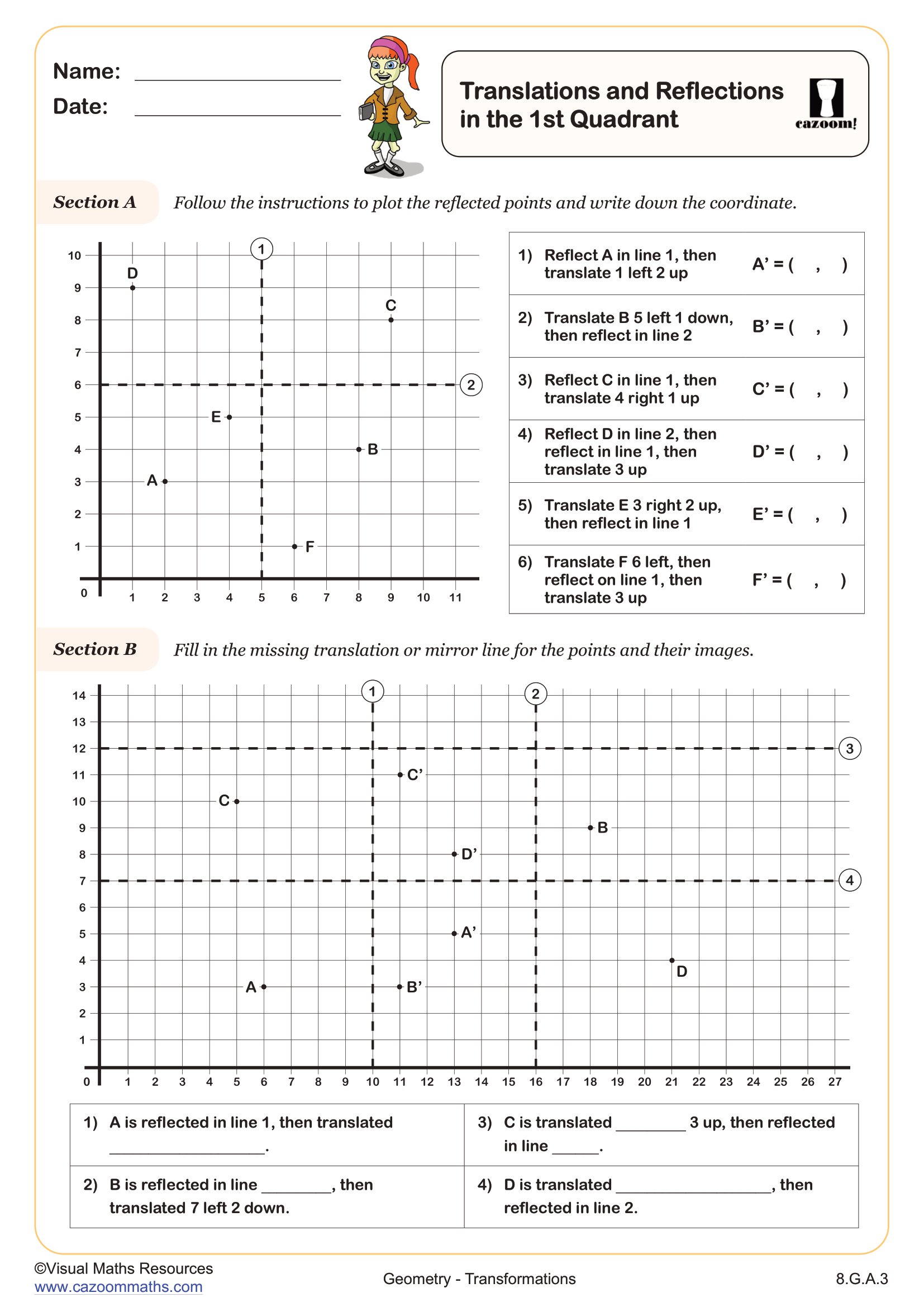 Translations in the 1st Quadrant (A) Worksheet | Printable PDF 8th ...