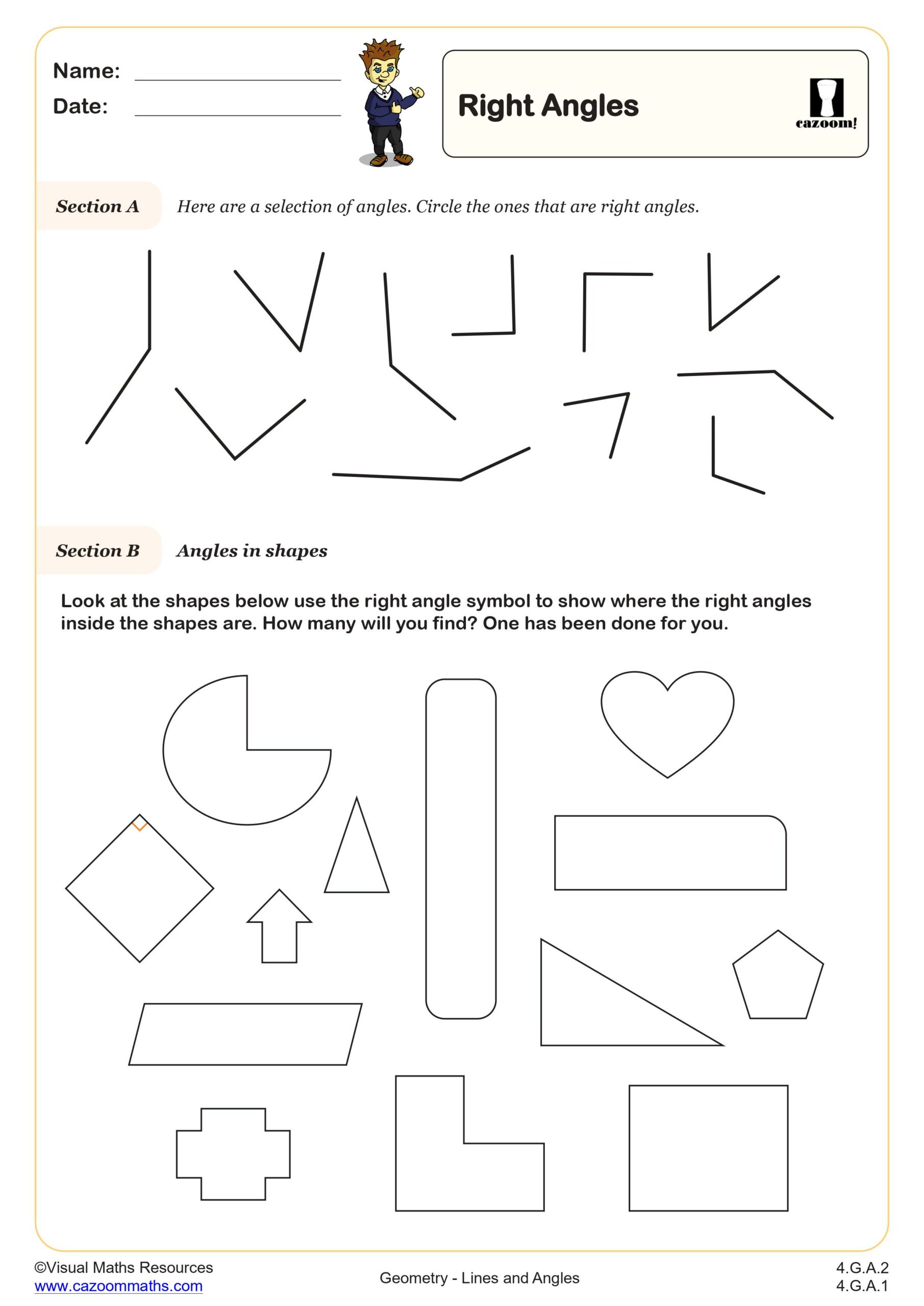 Right angles Worksheet | Printable PDF 4th Grade Geometry Worksheet