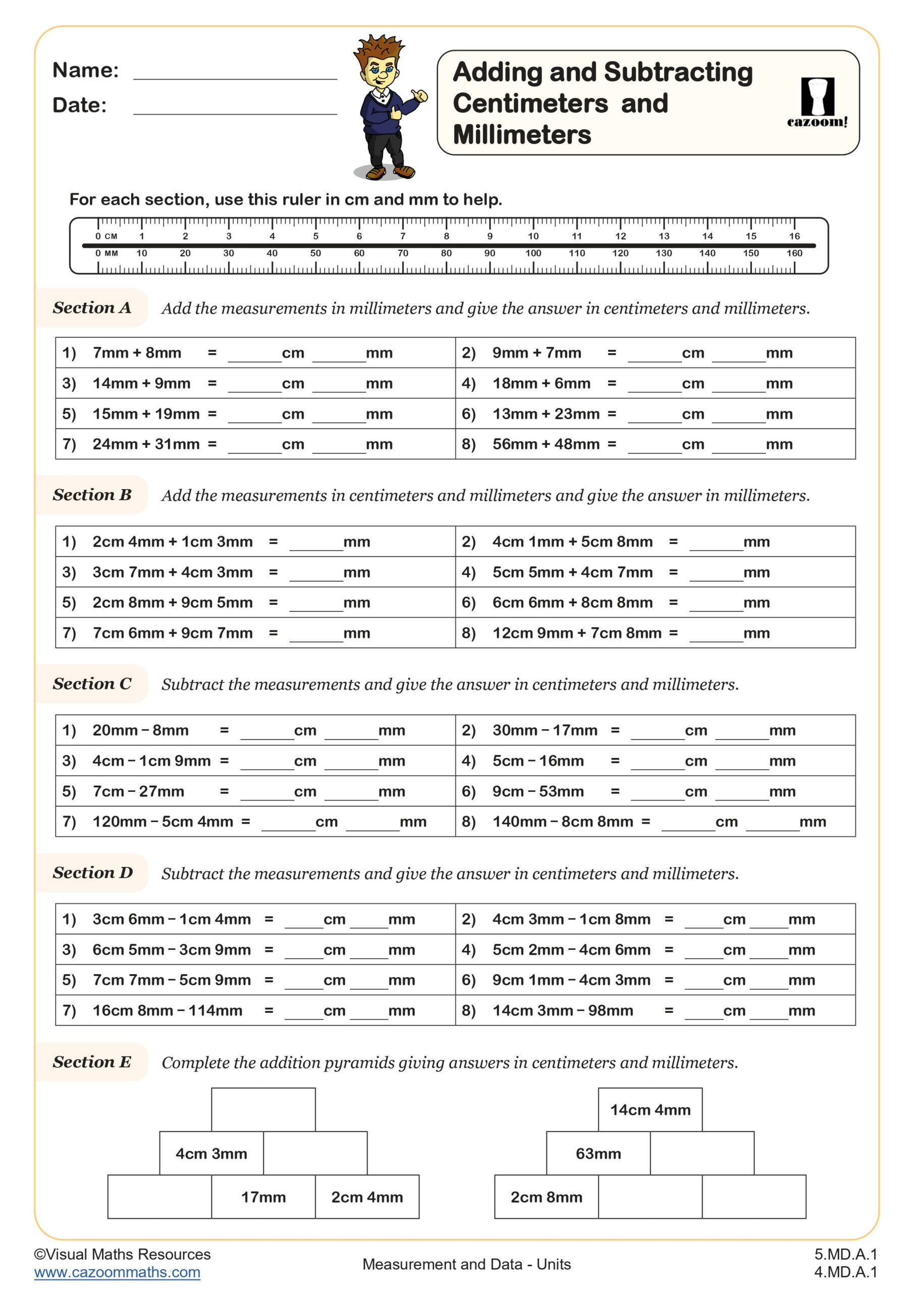 Adding and Subtracting Centimeters and Millimeters Worksheet ...
