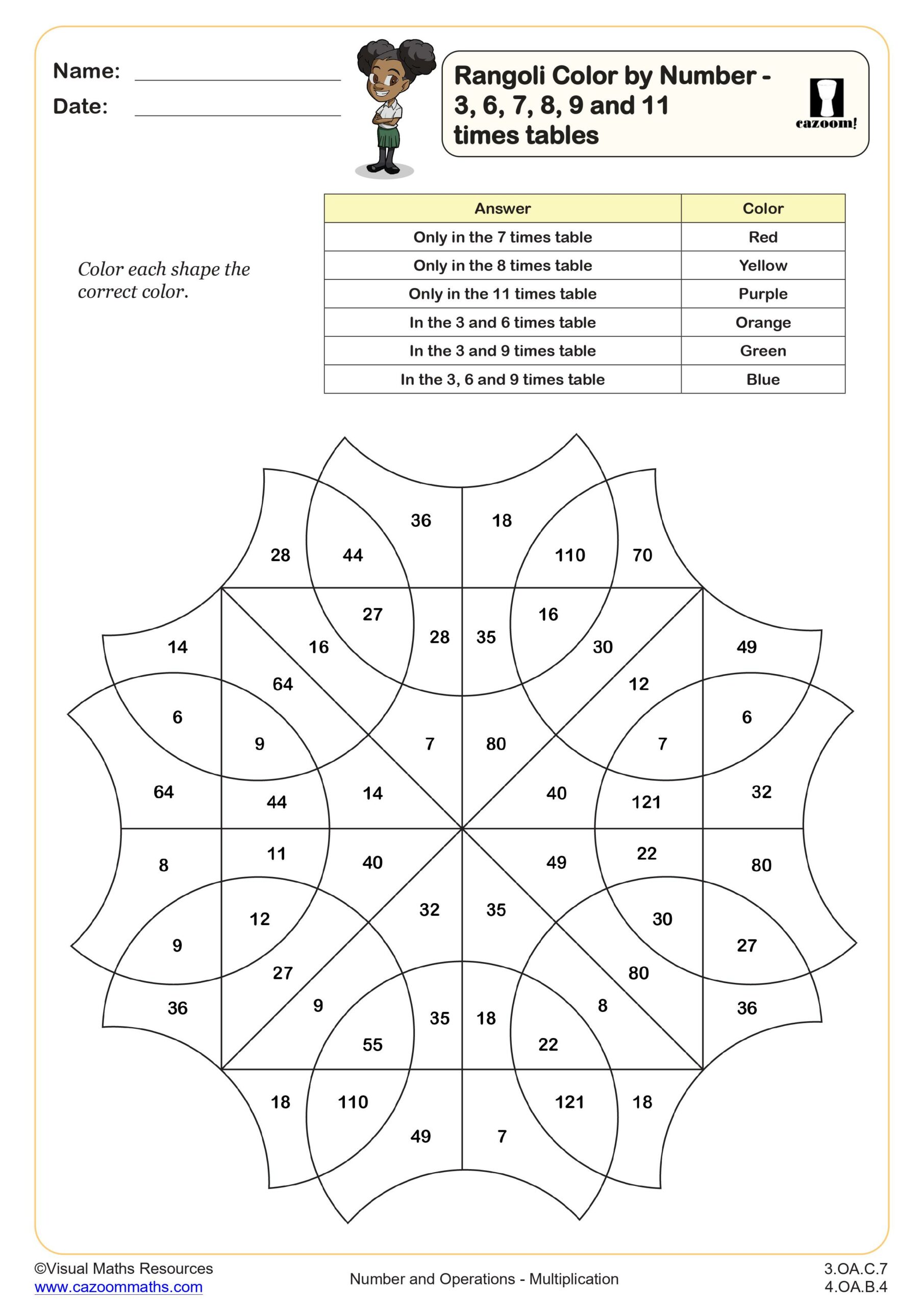 Rangoli Color by Number - 2, 3 and 4 times tables Worksheet | Printable ...