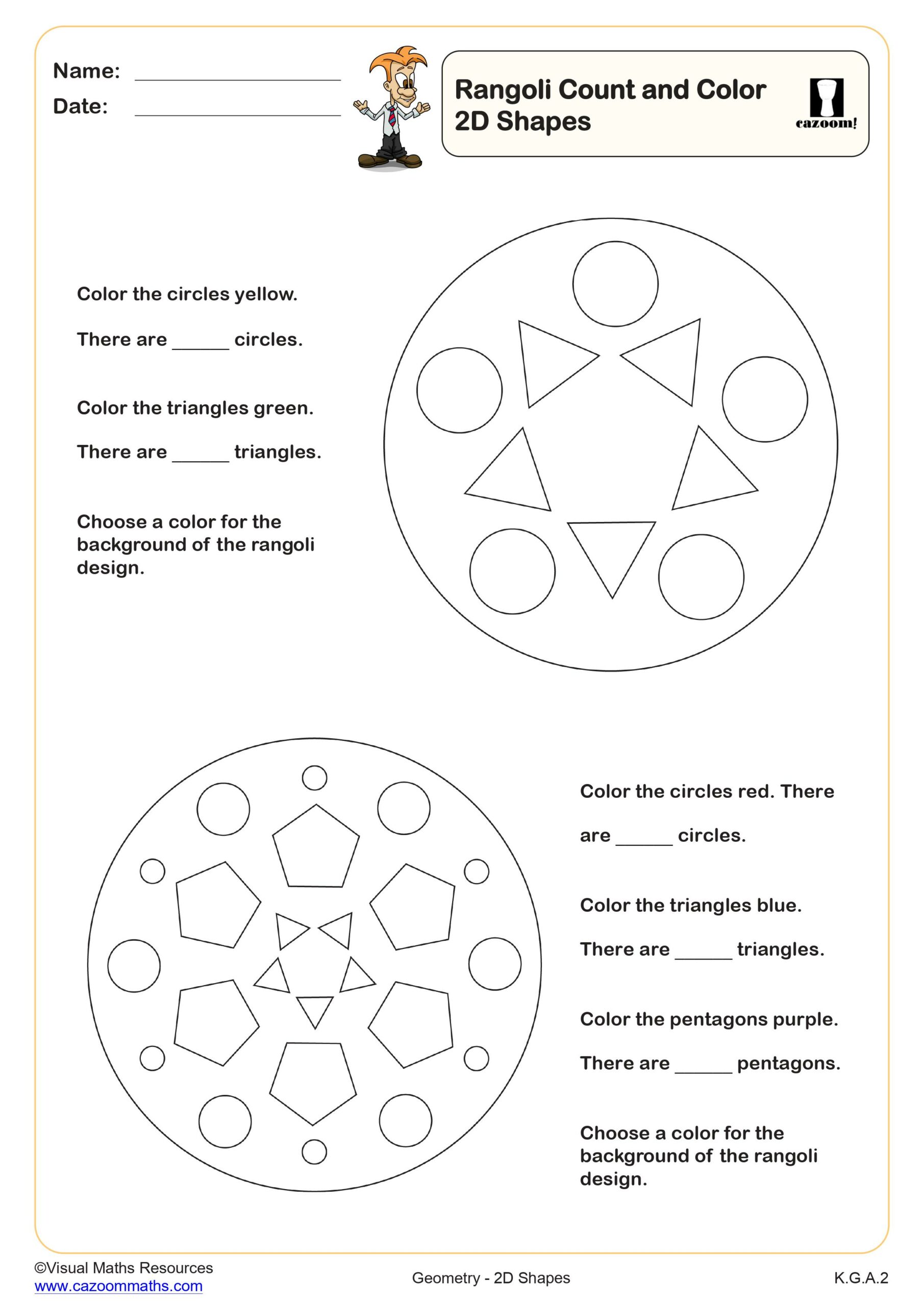 Rangoli Count and Color 2D Shapes Worksheet | Printable PDF Geometry ...