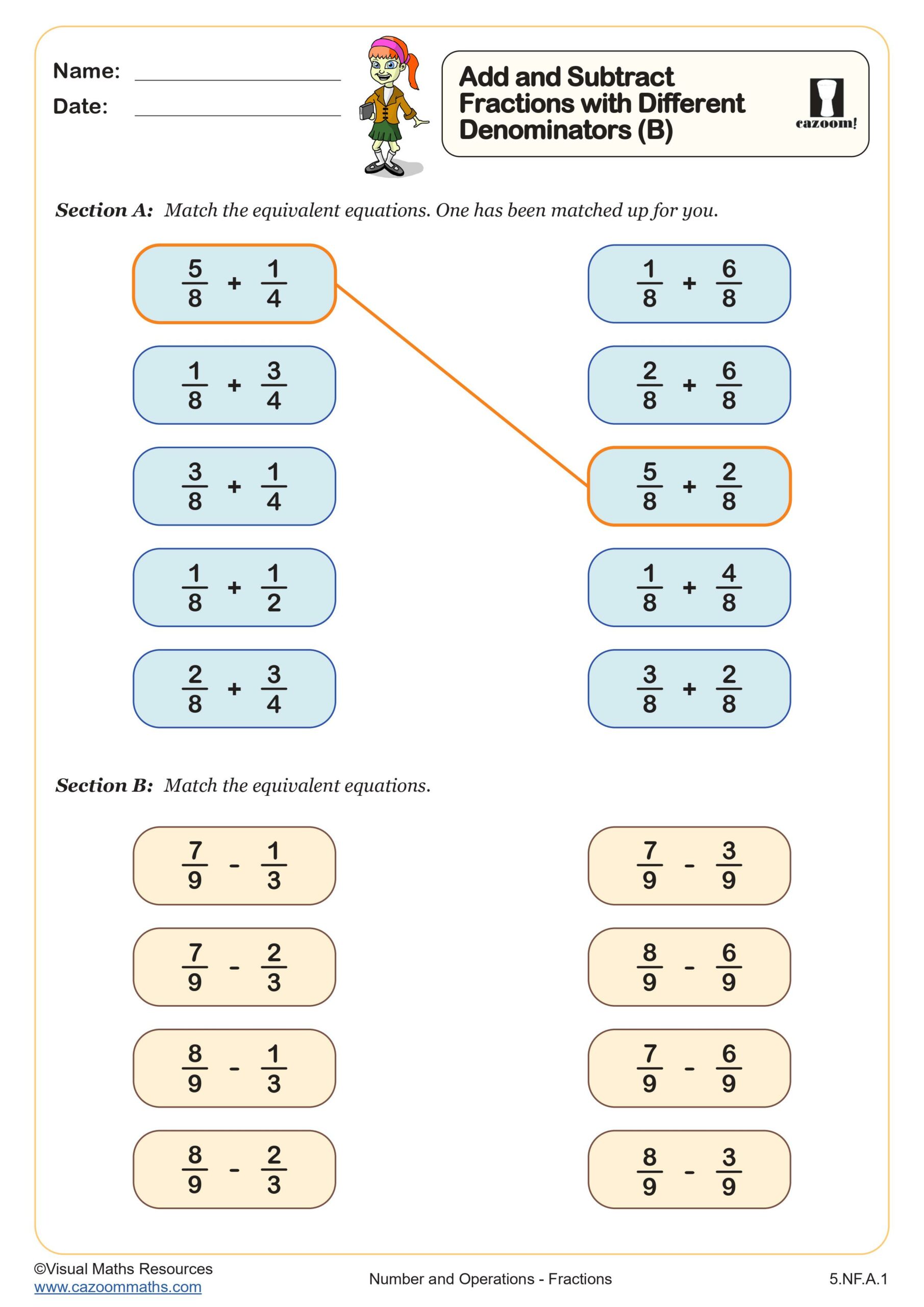 Add and Subtract Fractions with Different Denominators (B) Worksheet ...
