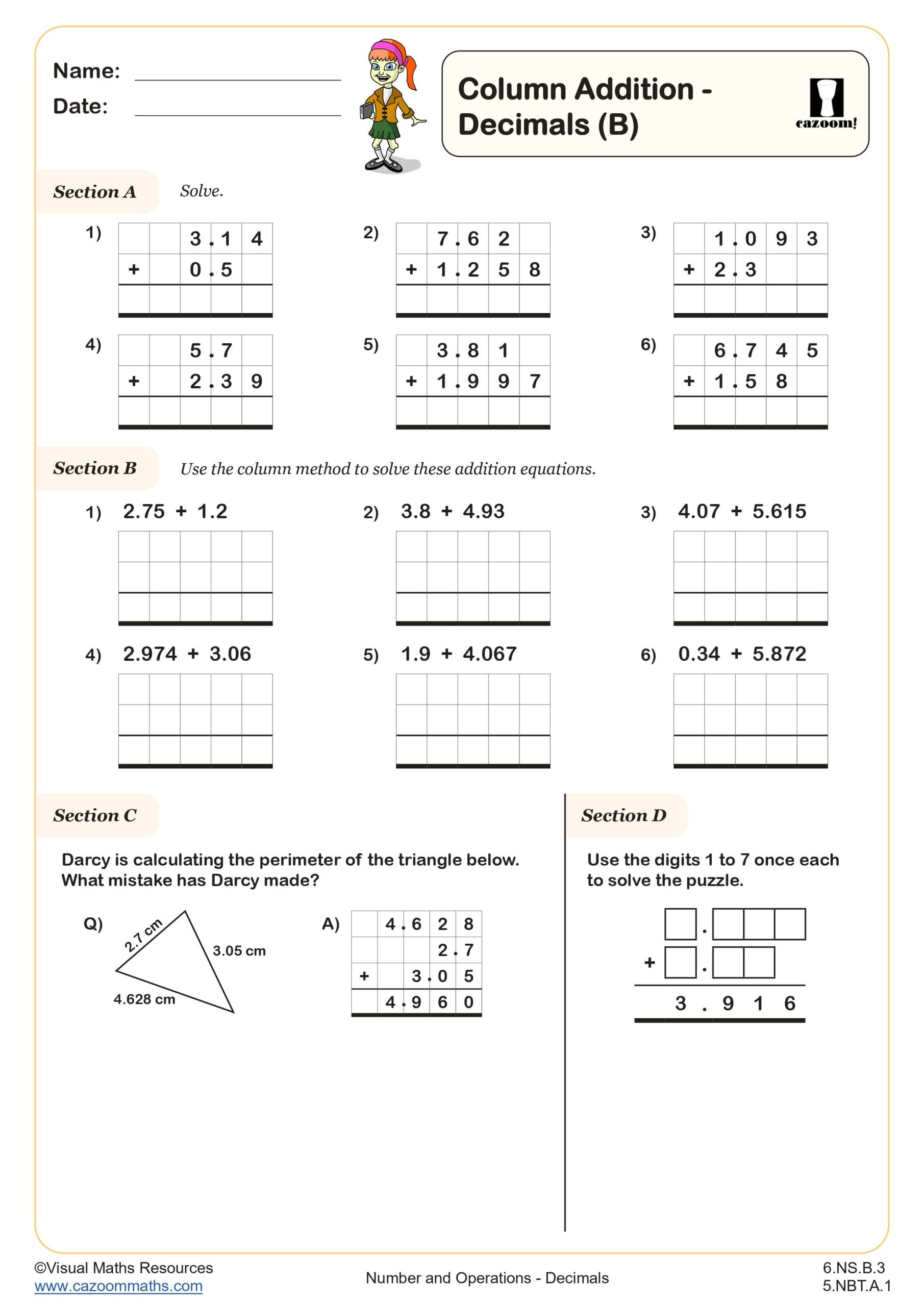 6th Grade Decimals Worksheets | PDF Printable Worksheets | Cazoom Math