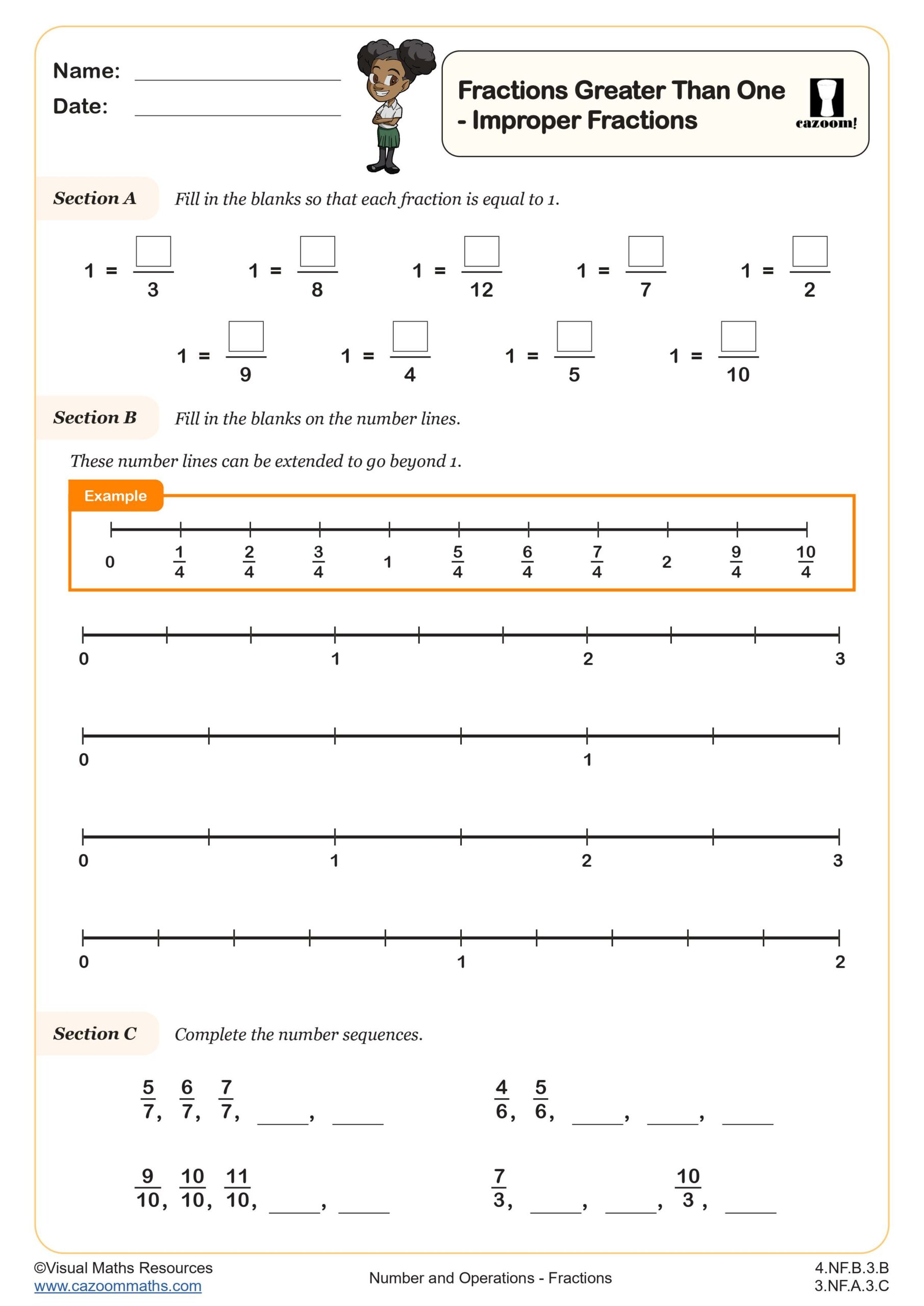Fractions Greater Than One - Improper Fractions Worksheet | Fun and ...