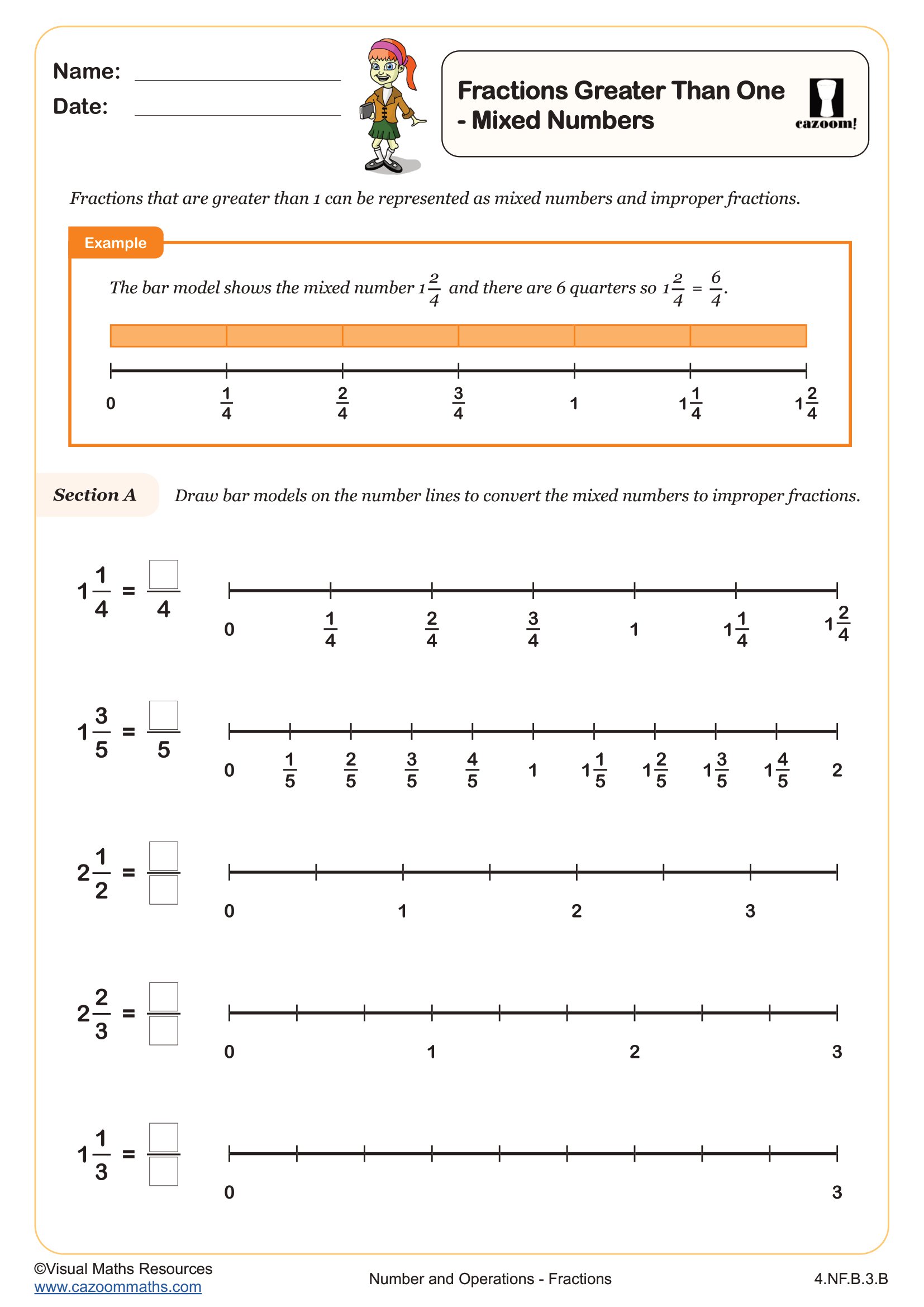 Fractions Greater Than One - Mixed Numbers and Improper Fractions ...