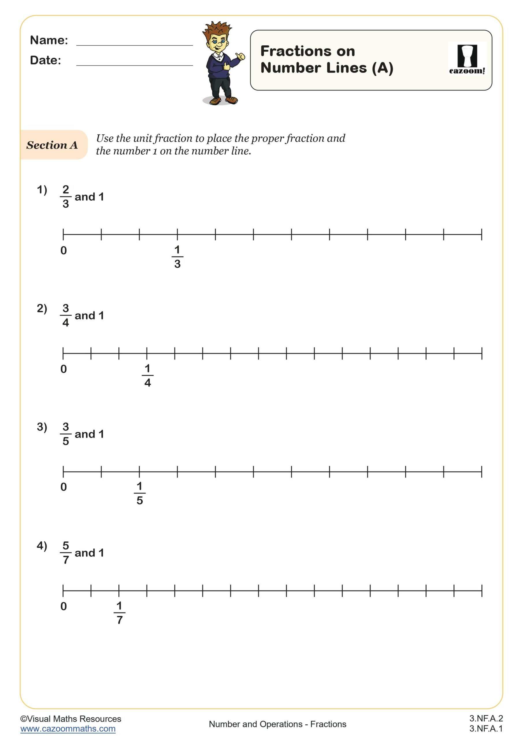 Fractions on Number Lines (A) Worksheet | Printable PDF 3rd Grade ...