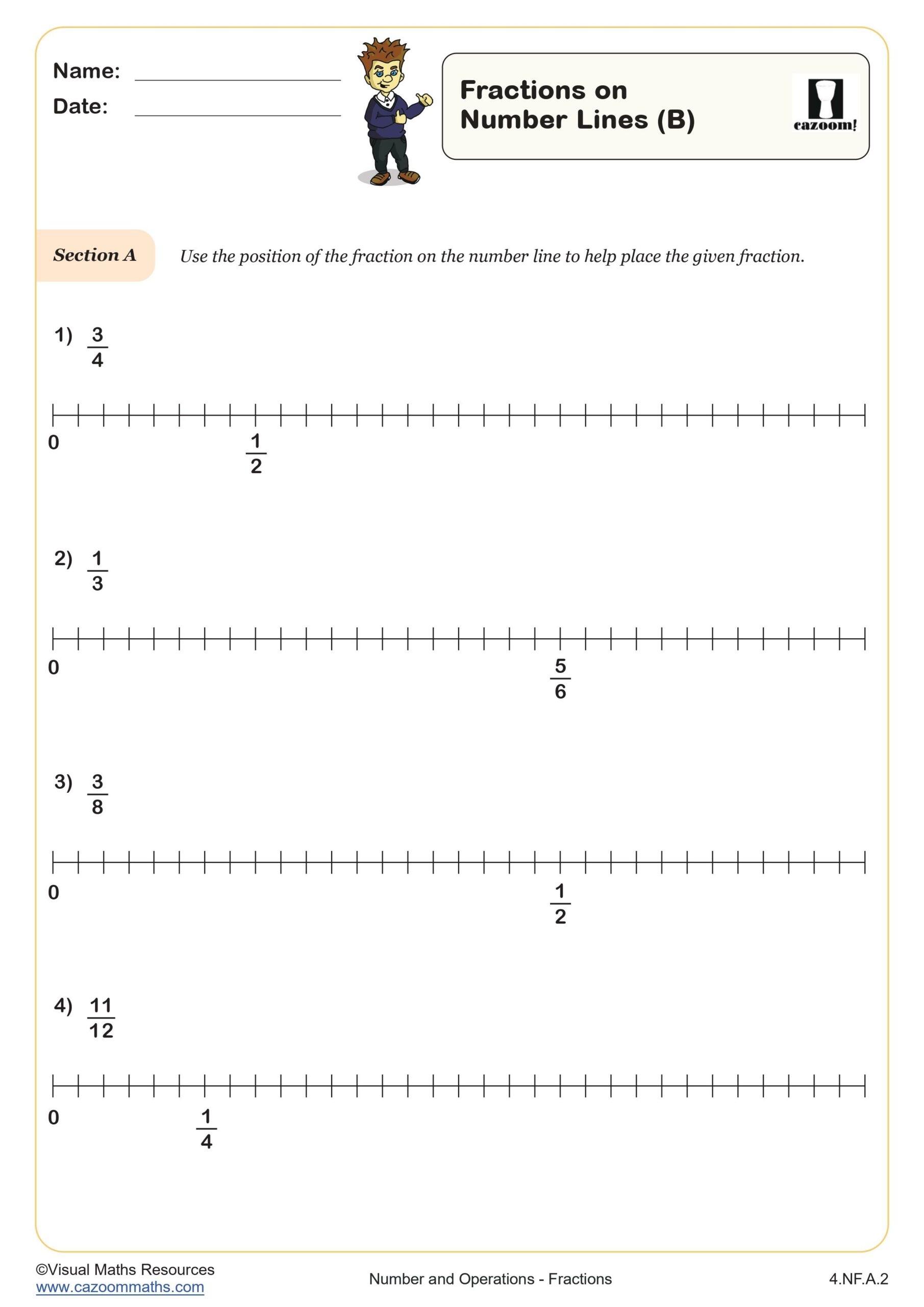 Fractions on Number Lines (B) Worksheet | Printable PDF 4th Grade ...
