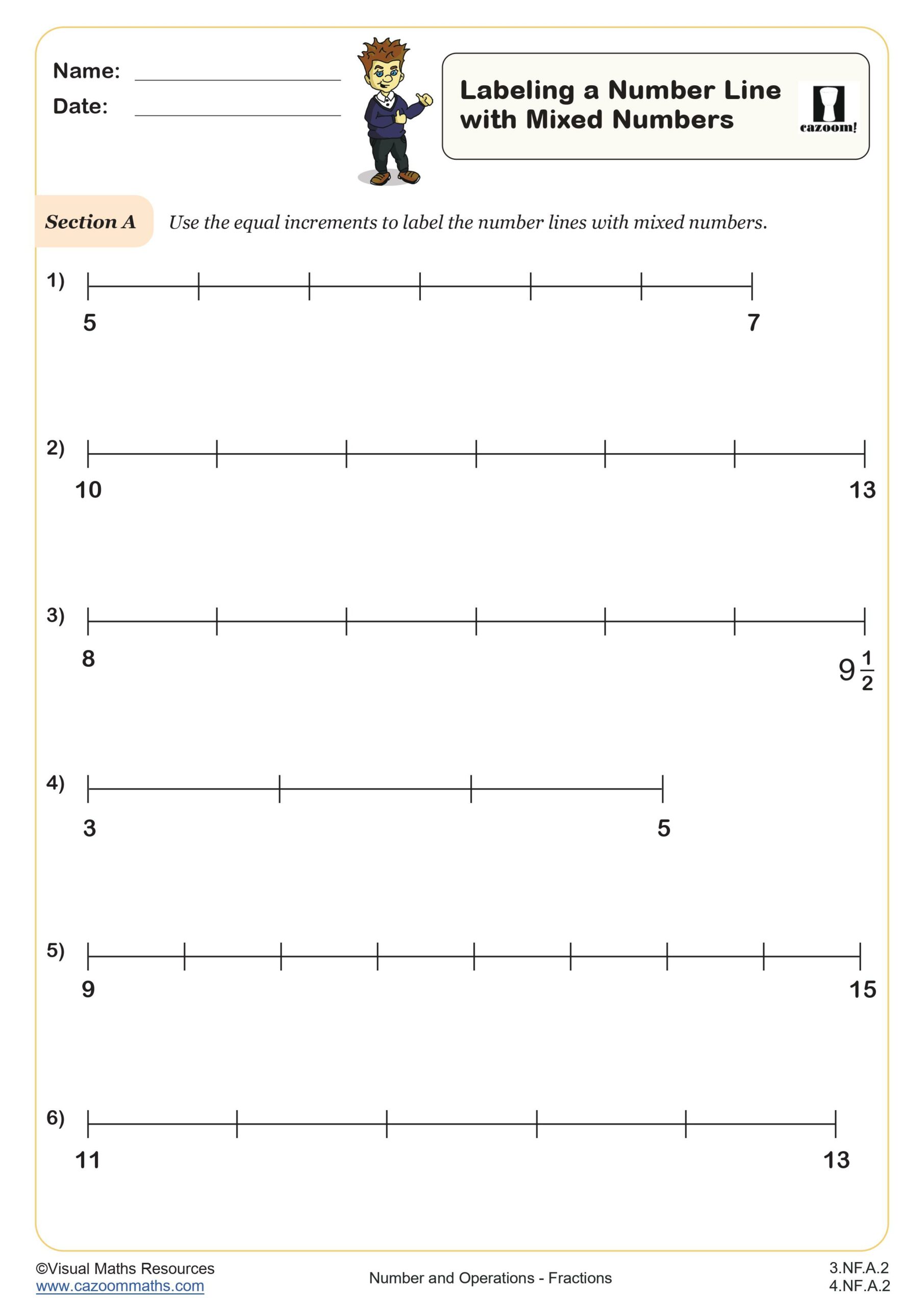 Labeling a Number Line with Mixed Numbers Worksheet | Printable PDF 3rd ...