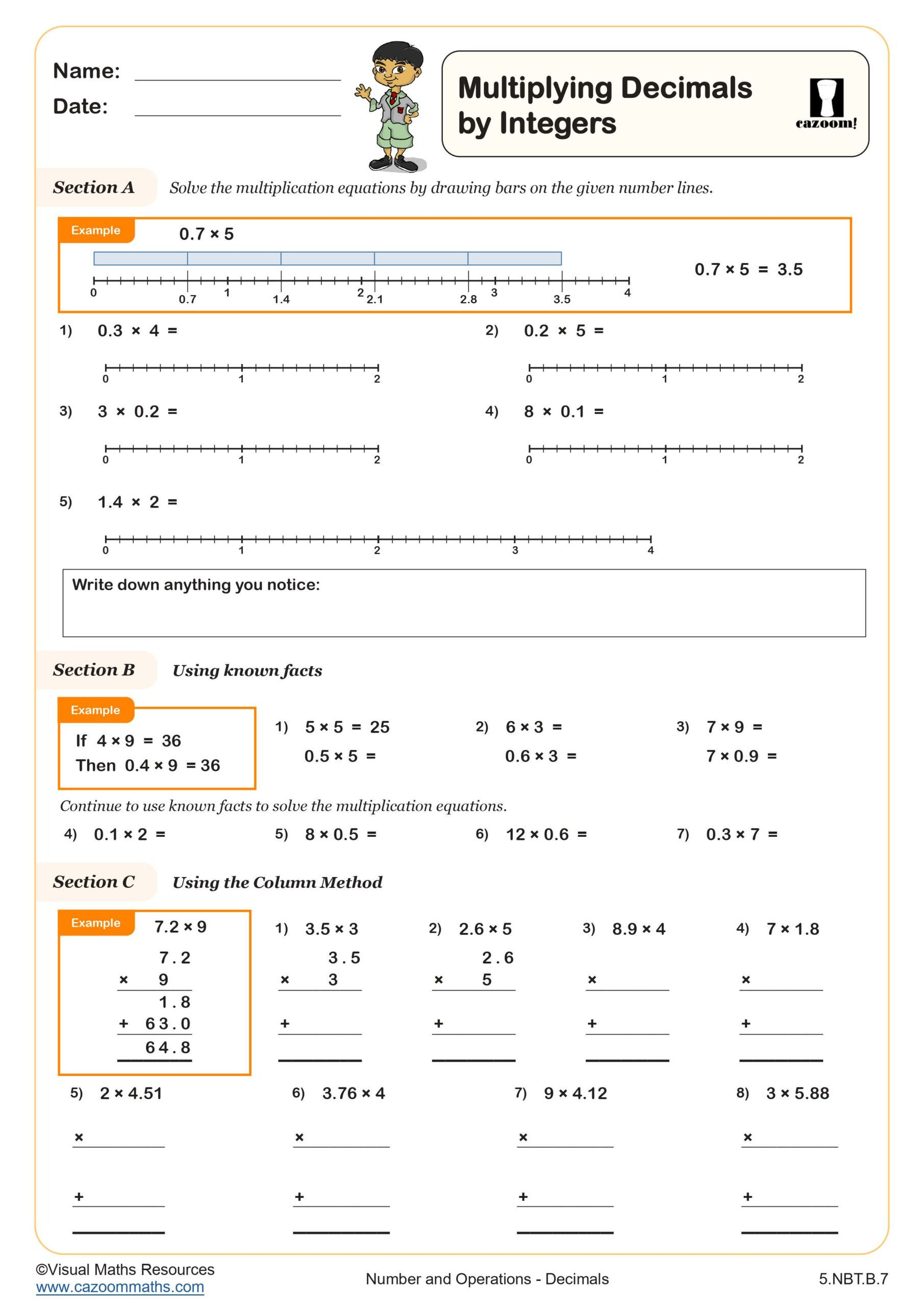 Multiply decimals by integers Worksheet | Fun and Engaging 5th Grade ...